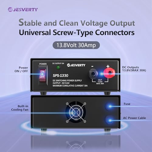 Jesverty Universal Compact Bench Power Supply - 30 Amp Regulated Home Lab Benchtop AC-to-DC Converter for CB/HAM/Amateur Radio with 13.8V Fixed OutputScrew-Type Terminals, Cooling Fan - SPS-1330