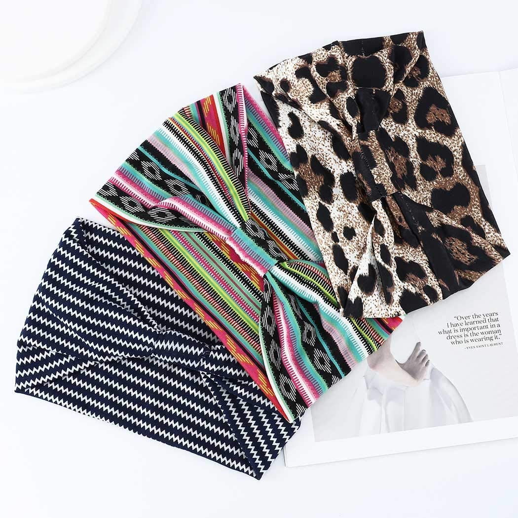 GORTIN Boho Headbands Leopard Hair Bands Knoted Turban Stretch Twist Head Wraps Stripe Cloth for Women and Girls 3 Pcs (Boho)
