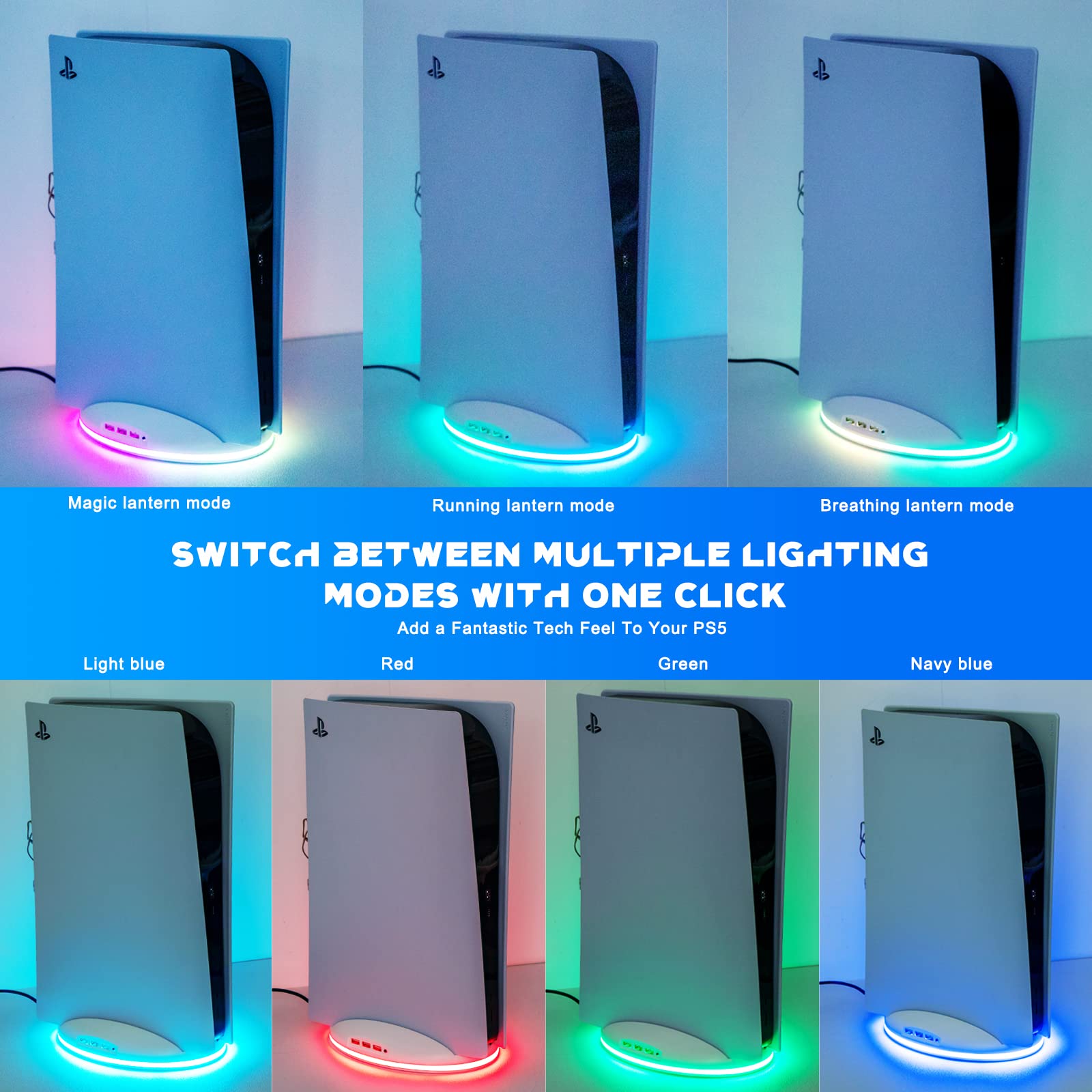 Iesooy for PS5 Stand - RGB LED Light - Vertical Holder Stand Accessory for PS5, Compatible with PlayStation 5 Digital Editions & Disc Editions - White