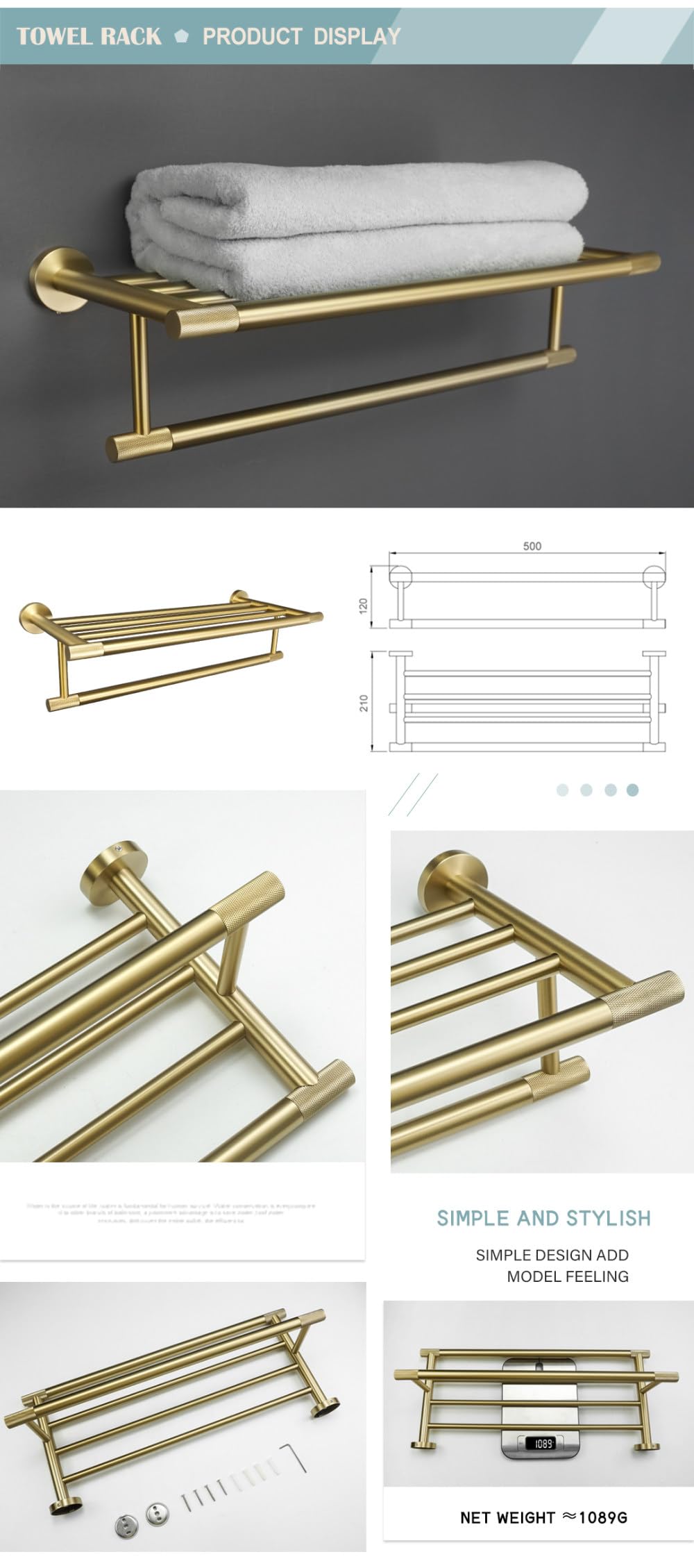 Golden Towel Rack Towel Bar Ring Brushed Gold Hardware Set Robe Coat Hook Toilet Tissue Paper Holder Bathroom Accessories Kit,2 PCS Robe Hook