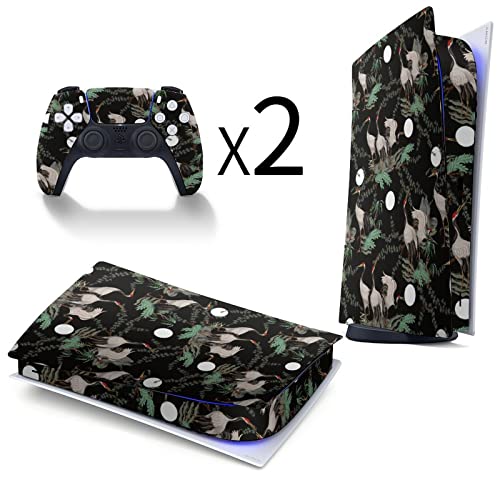 Japanese White Cranes Full Protective Skin Cover Design Wrap Decal Sticker Compatible with PS5 Digital Edition Console and Controller
