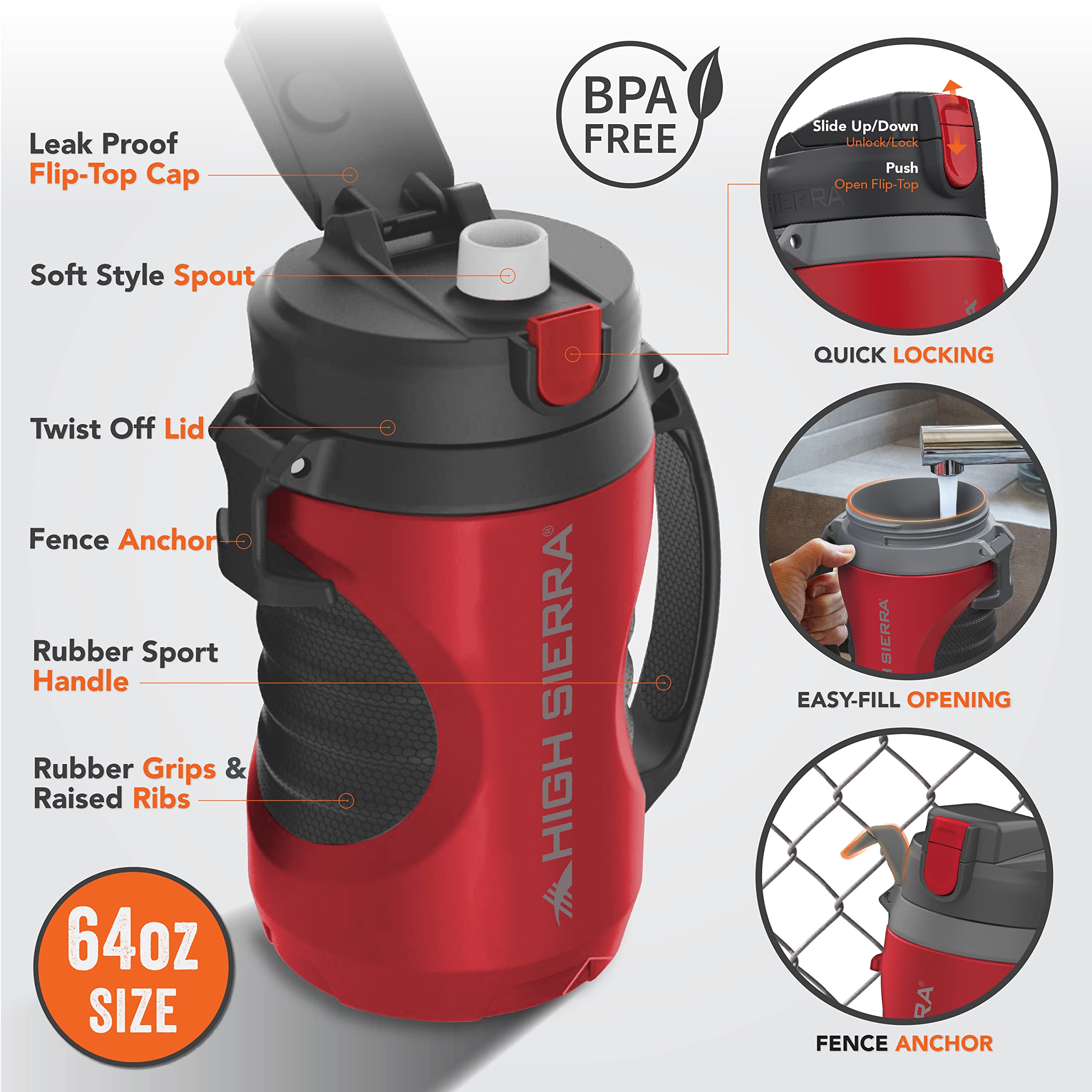High Sierra [2 PACK BPA FREE, 64 OZ Insulated Water Jug, [Silicone Spout – NO MORE TEETH BUMPS] Built-in Fence Anchor, Keeps Iced Water Cold for Hours, EXTRA LARGE Sports Bottle 1.89 Litter Capacity