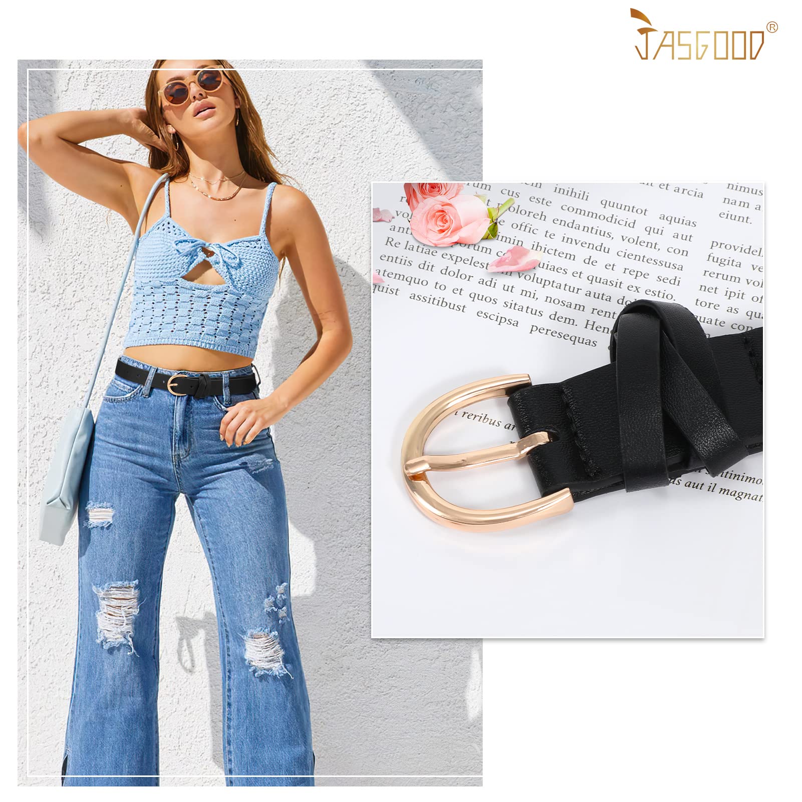 JASGOOD 2 Pack Women Leather Belt for Jeans Pants,Fashion PU leather Belt with Silver Buckle