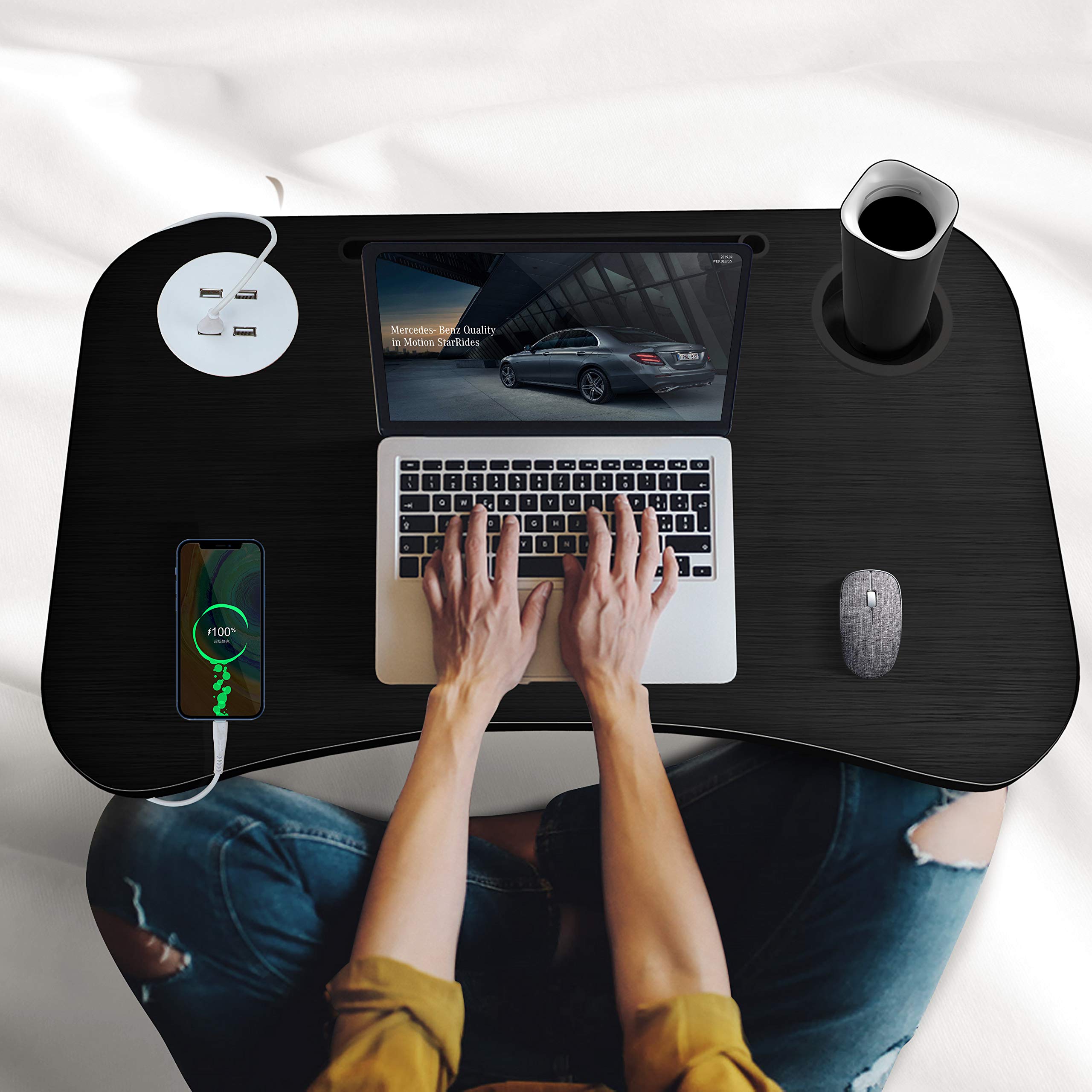 HLHome Laptop Bed Desk Large Portable Foldable Laptop Table Tray Stand for Bed with USB Charge Port/Cup Holder/Storage Drawer for Working Writing Reading Eating Lapdesk On Low Sitting Floor