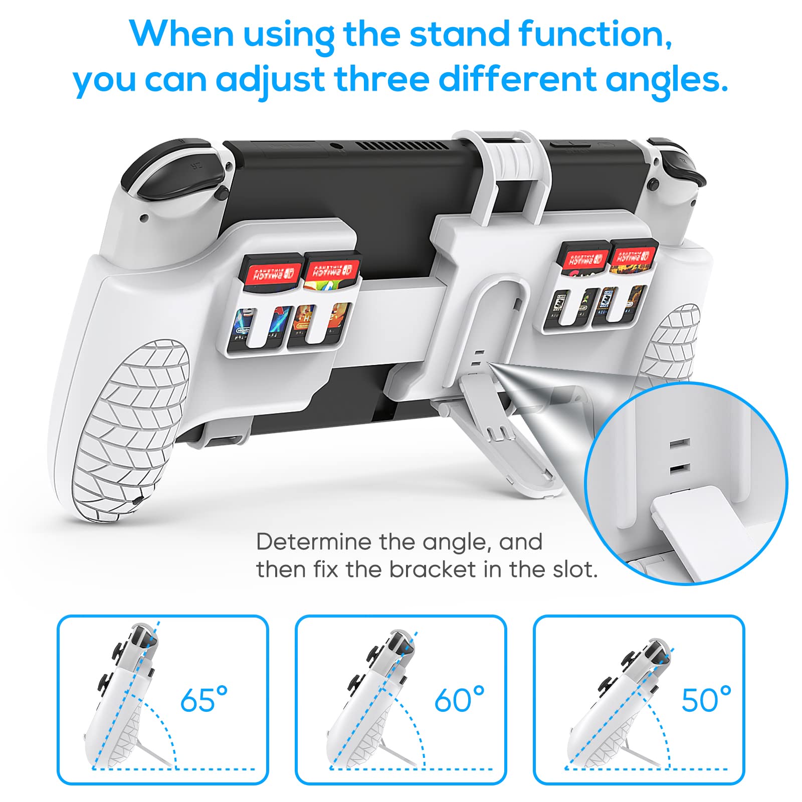 Grip Case for Nintendo Switch OLED/Switch/Switch Lite, MENEEA Hand Grip Stand with Adjustable Stand& 8 Thumb Grips Caps+ 4 Game Card Slots, Anti-Scratch& Ergonomic Accessories for Gamers(White)