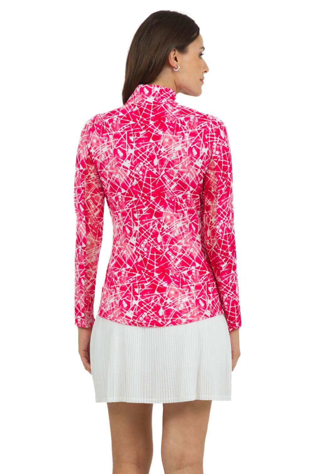 IBKUL Athleisure Wear Sun Protective UPF 50+ Icefil Cooling Tech Evie Print Long Sleeve Mock Neck Top - 10182 Watermelon/White Evie XXL