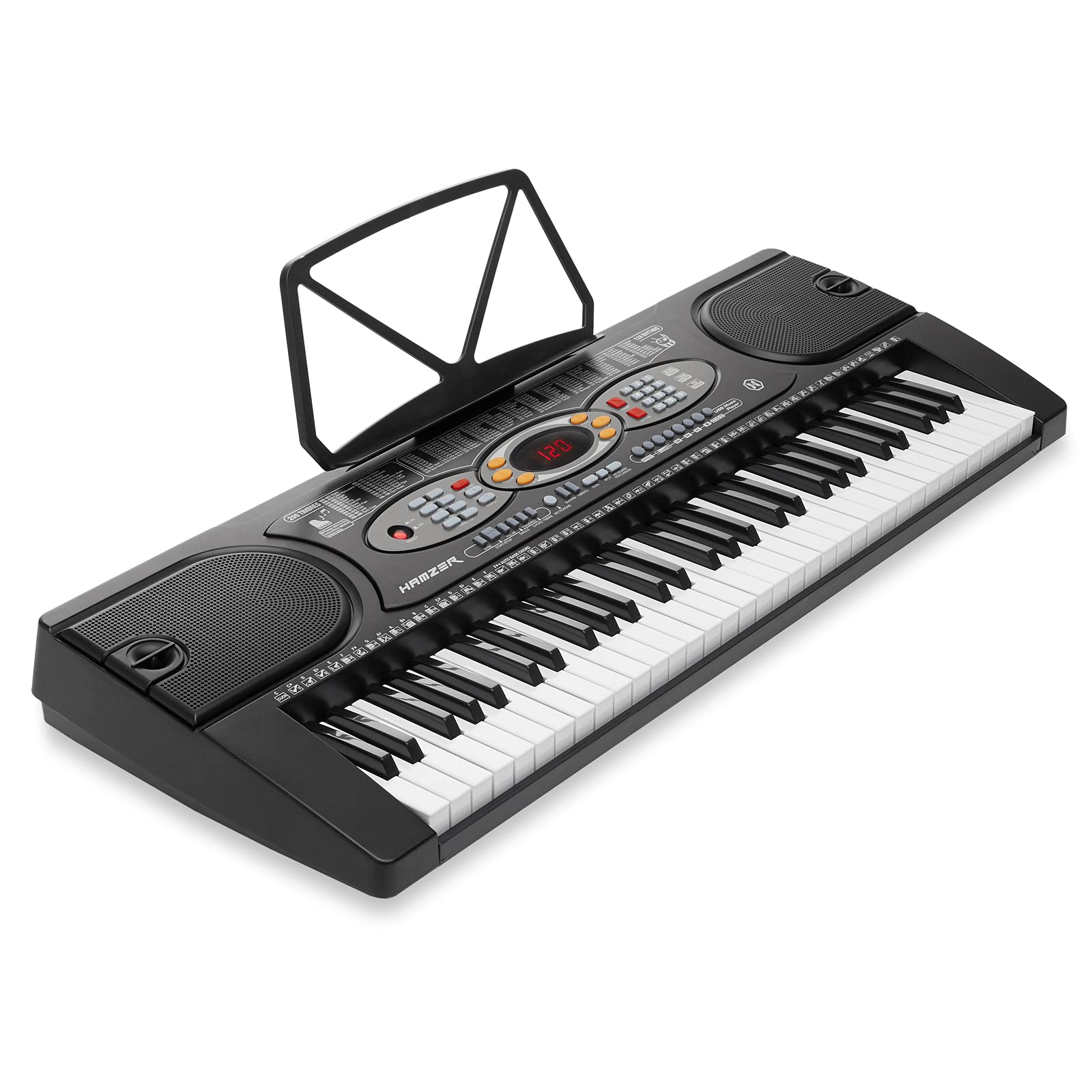 Hamzer 61-Key Electronic Keyboard Portable Digital Music Piano with H-Stand, Stool, Headphones, Microphone, & Sticker Set