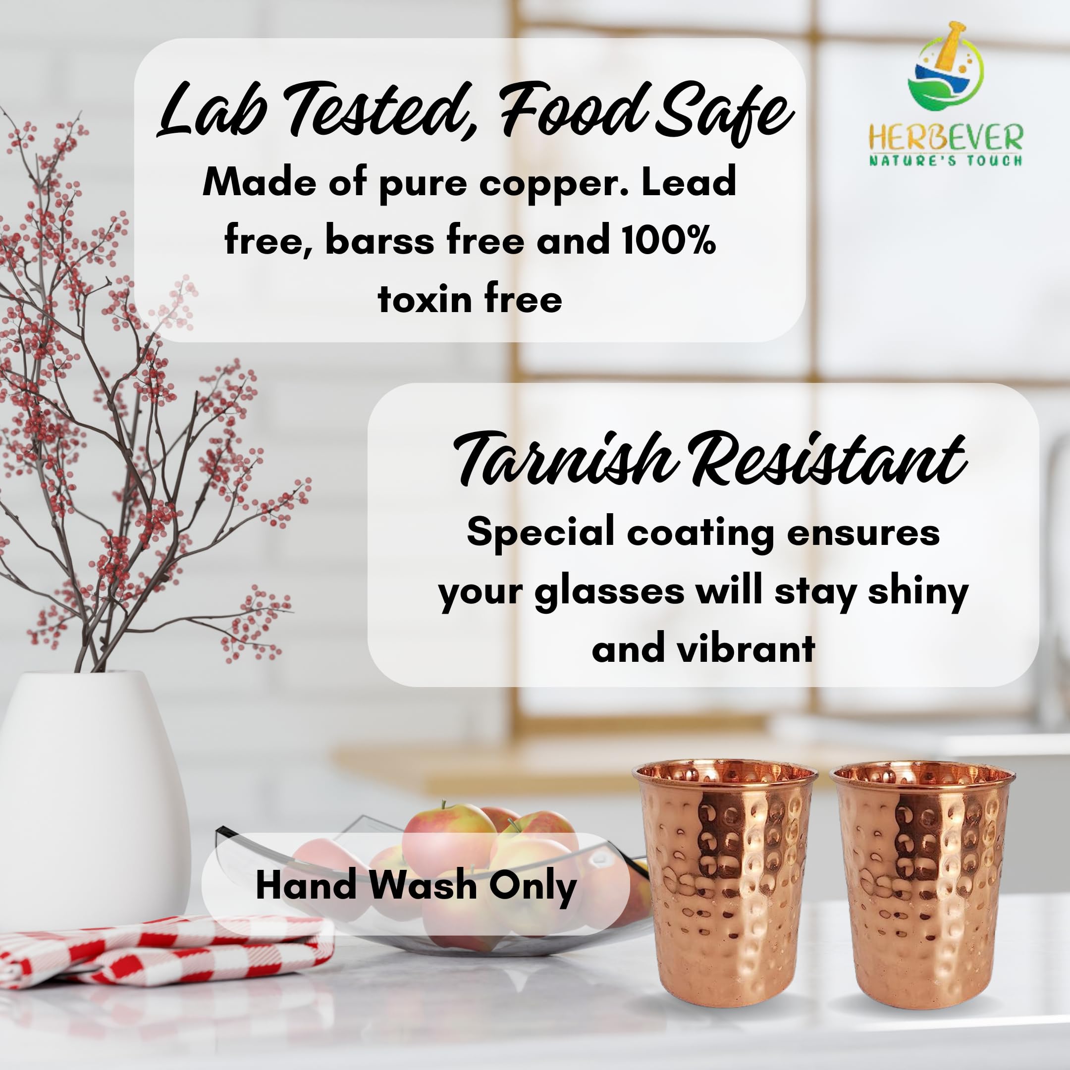 HERBEVER Pure Copper Hammered shape Water Tumbler Glasses for Healing Ayurvedic Set of 2
