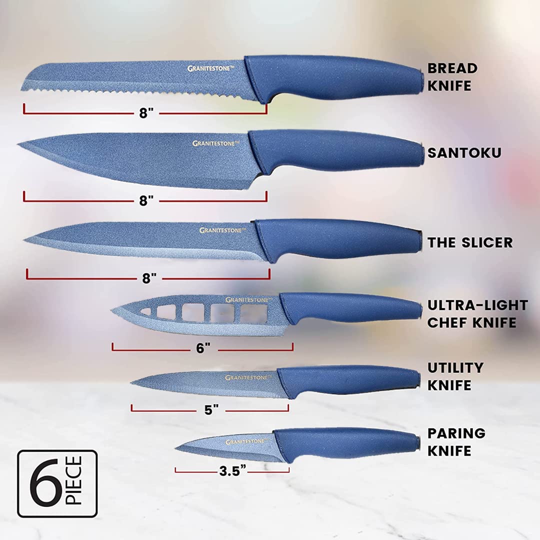 Granitestone Nutriblade Knife Set, High Grade Professional Chef Kitchen Knives Set, Knife Sets Toughened Stainless Steel w Nonstick Mineral Coating, Blue, 6 Pieceā¦