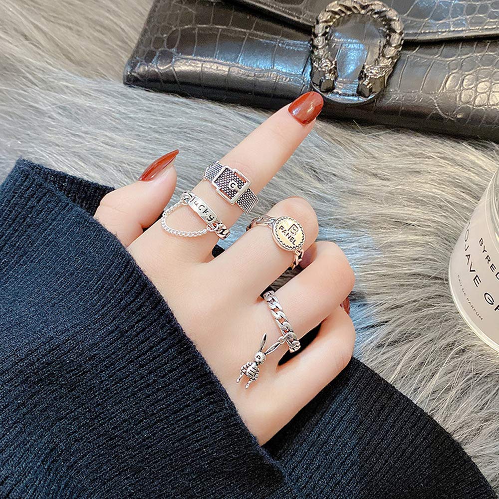 GulCean Adjustable Ring Set for Women Men Vintage Silver Stylish Cool Goth Kpop Hippie Anime Emo Lucky B Letter Rabbit Belt Buckle Charms Chain Rings Set Gift 4pcs (Vintage Silver)