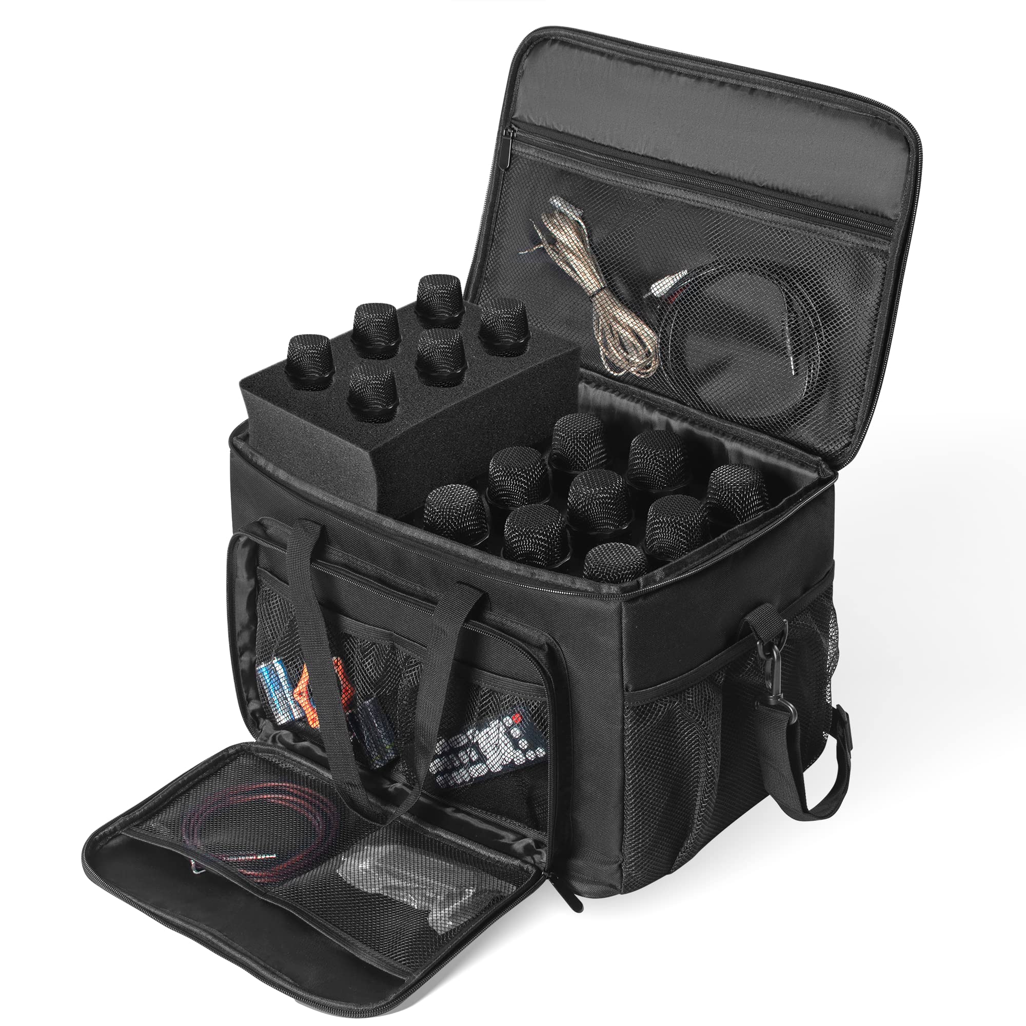 IBIVIVIC 15 Slots Wireless Microphone Bag with Foam, Microphones Nylon Bag with Shoulder Strap, BLACK