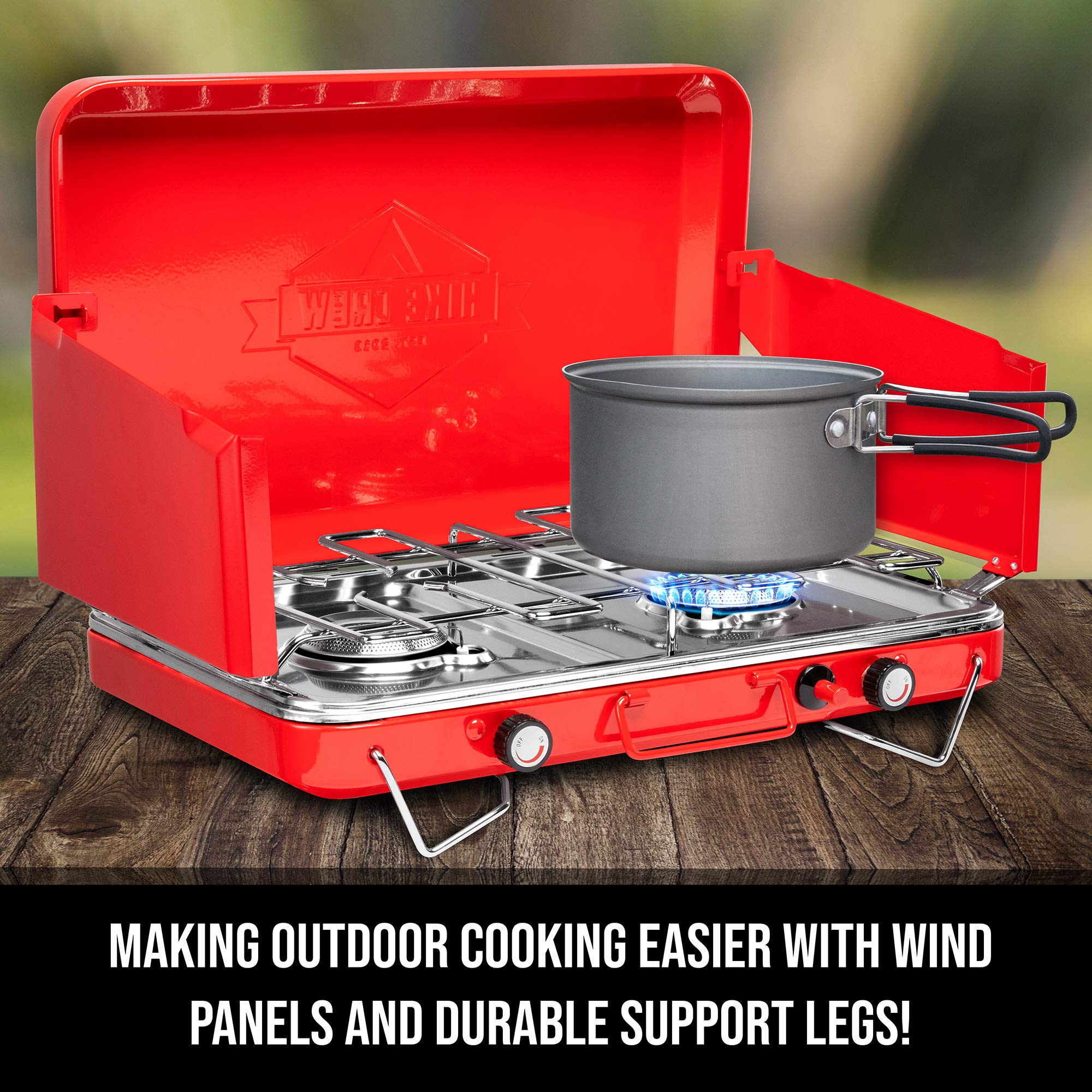 Hike Crew Gas Camping Stove | 20,000 BTU Portable Propane 2 Burner Stovetop | Integrated Igniter & Stainless Steel Drip Tray | Built-in Carrying Handle, Foldable Legs, Wind Panels | Includes Regulator