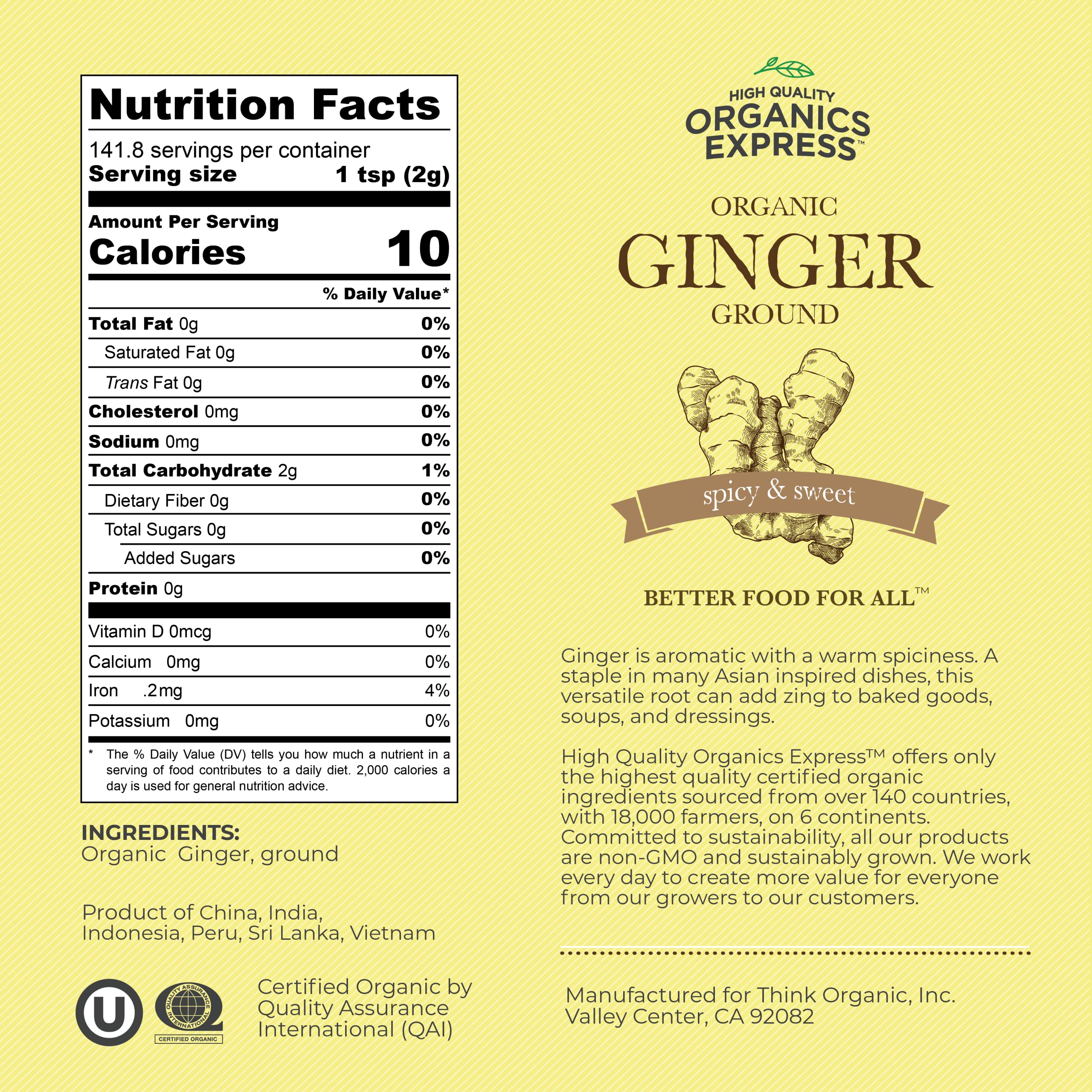 HQOExpress Organic Ground Ginger – Non GMO, Kosher, USDA Certified Organic Ginger Powder – Hot and Spicy Aromatic Seasoning for Baking, Rubs, Marinades and Smoothies, 14 oz. Chef Jar