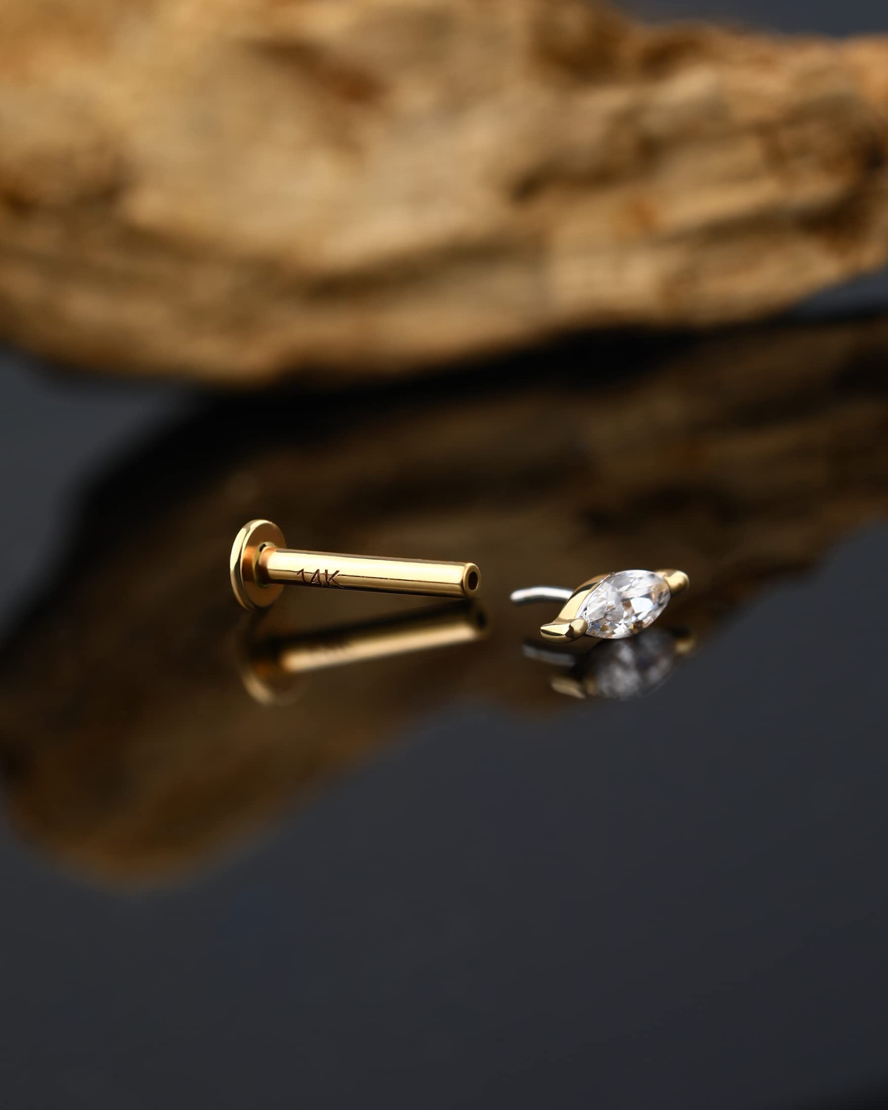 Jewseen 14K Solid Gold Push in Lip Rings G23 Titanium Labret Studs CZ Cartilage Earring 16g Tragus Helix Piercing Jewelry Flat Back Stud Nose Ring Stud Earring for Women Men