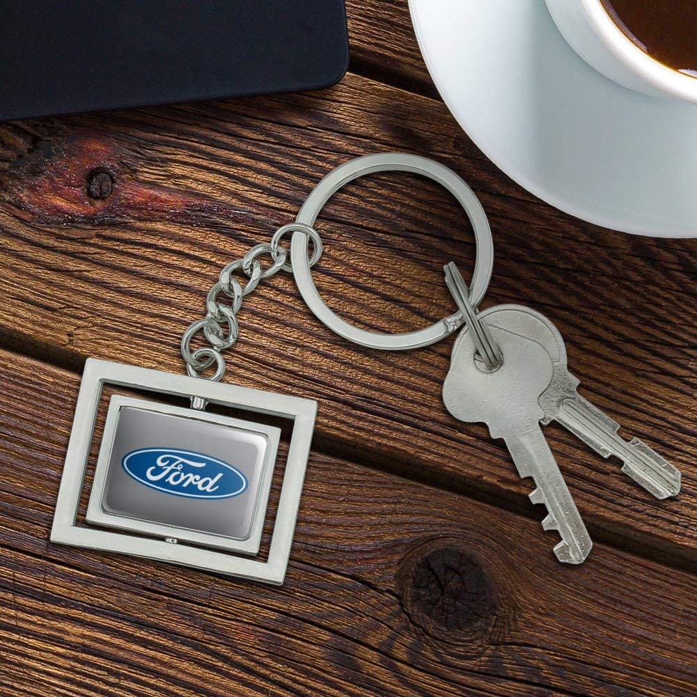 GRAPHICS & MORE Ford Motor Company Blue Oval Logo Spinning Rectangle Chrome Plated Metal Keychain Key Chain Ring