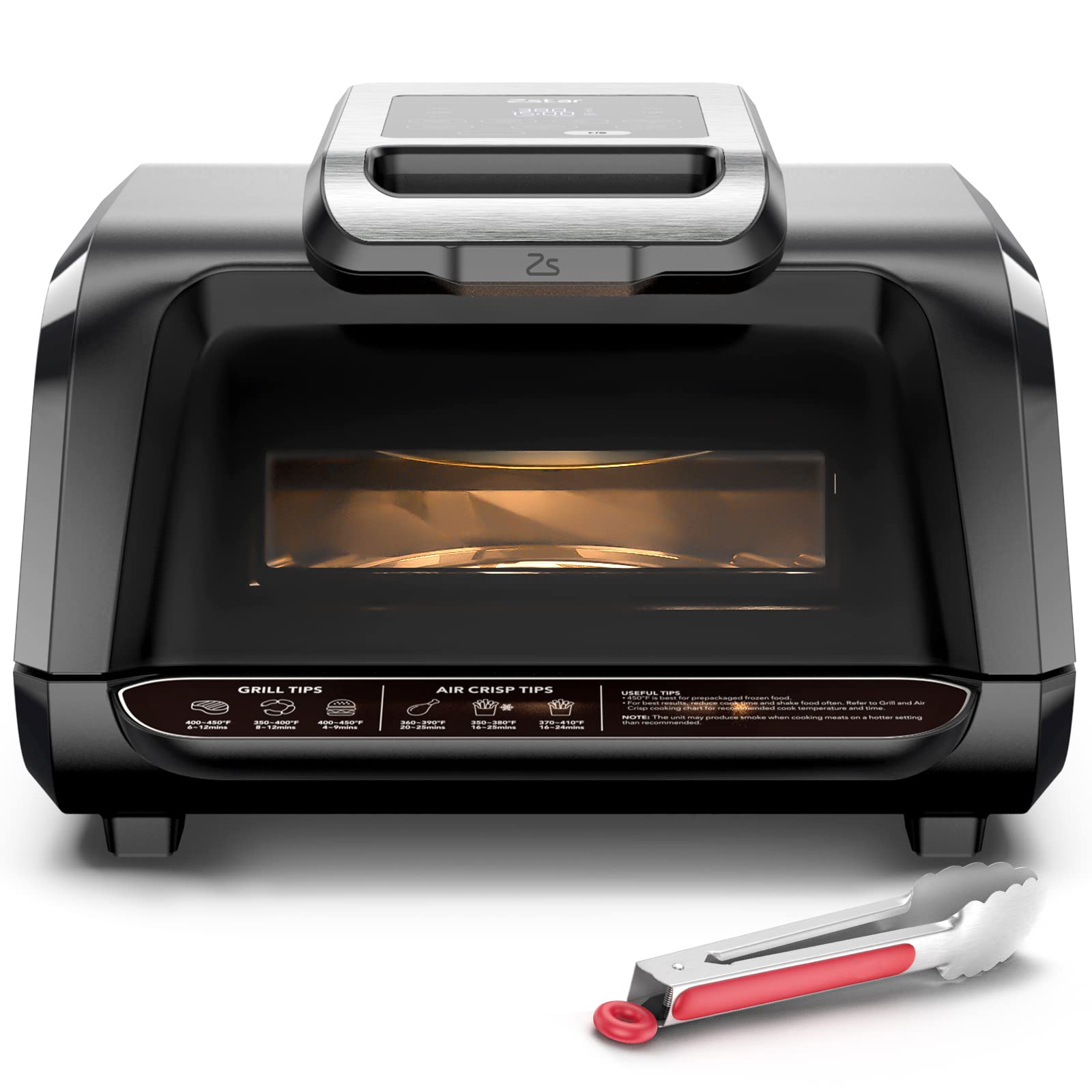 Indoor Grill Smokeless, Air Fryer Grill Combo with Adjustable Temperature to 450Β°F, Electric Grill with Viewing Window, Removable Nonstick Grate, Fast and Even Heating, 4Qt for Family, with Tongs