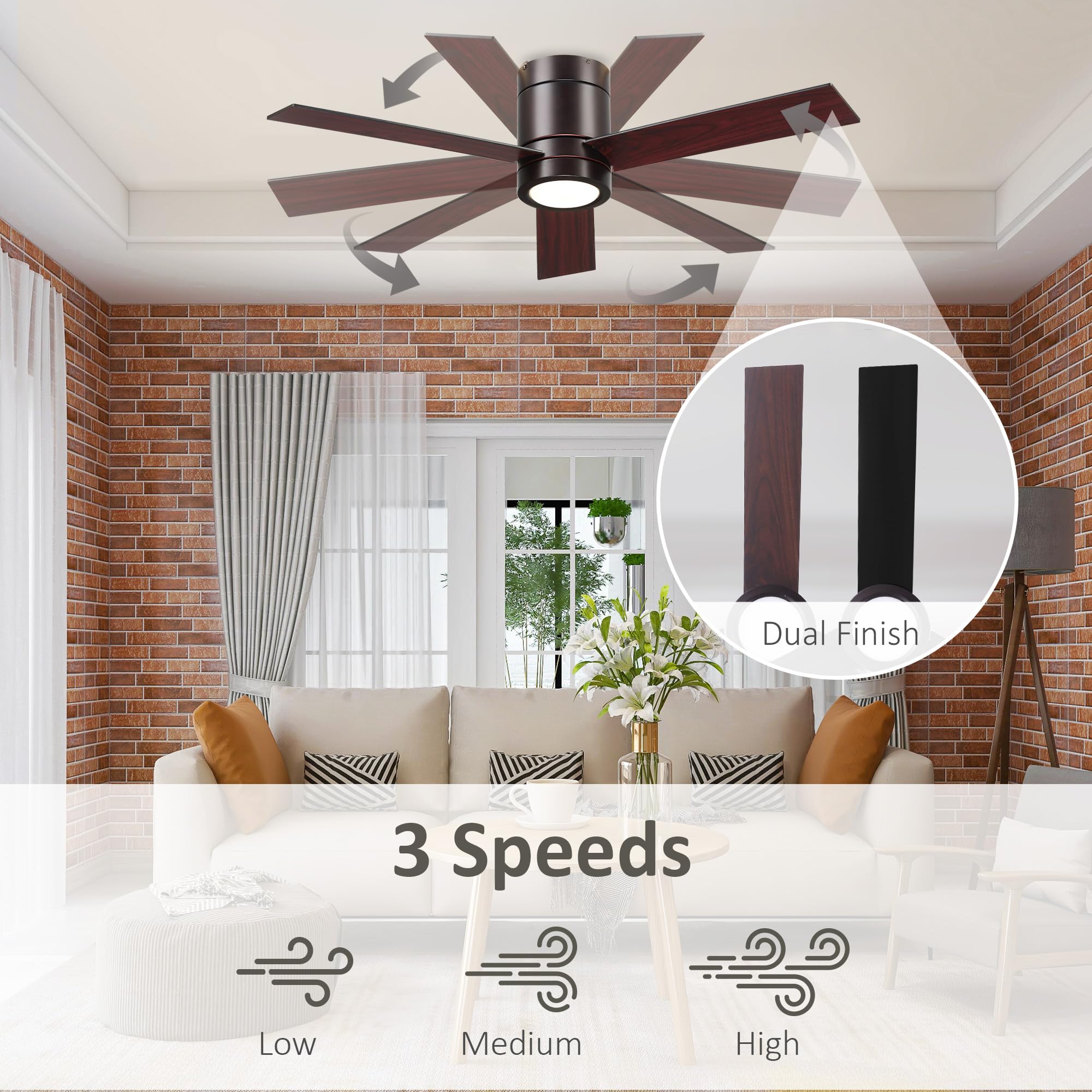 HOMCOM 44'' Mount Ceiling Fan with Light, Modern Indoor LED Lighting Fan with 3 Dual Finish Blades, Remote Control, for Bedroom, Living Room, Brown