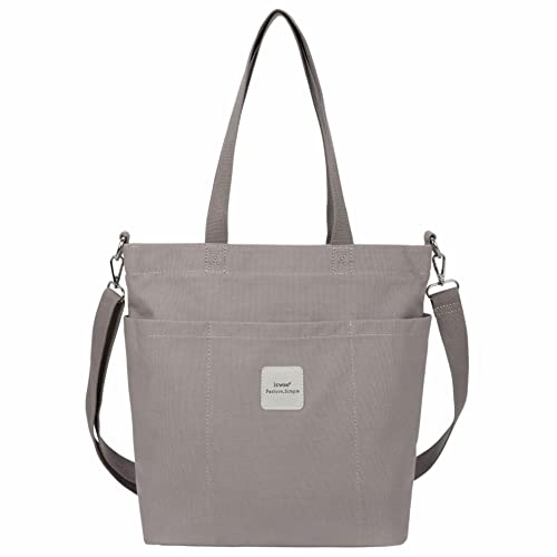 Iswee Tote Bags for Women Canvas Crossbody Bag with Pockets Zipper Top Handle Handbag Ladies Shoulder Work Bag(Grey)