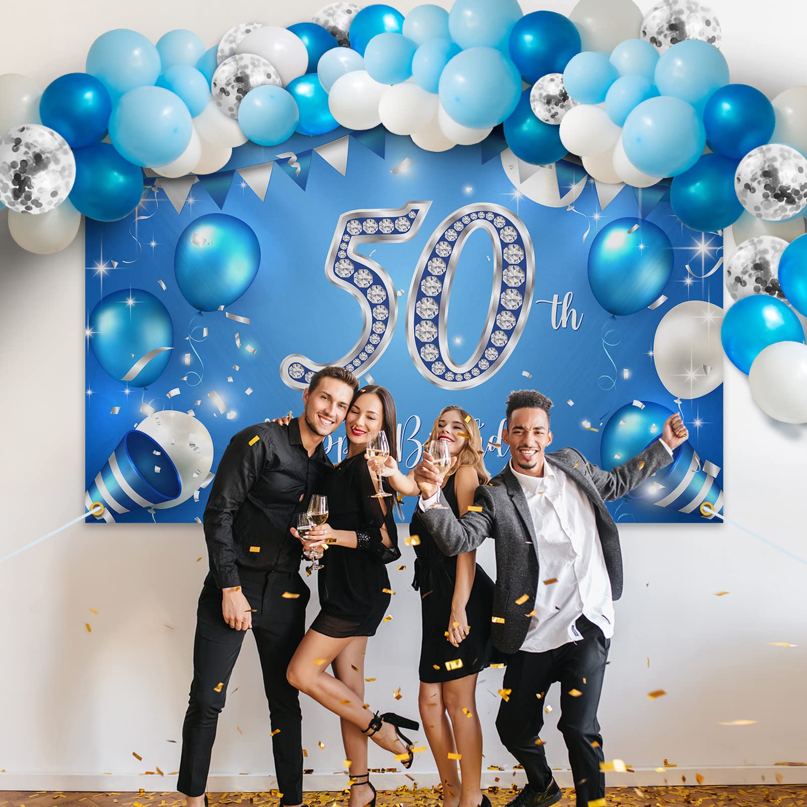 Happy 50th Birthday Balloons Blue Set Decor - Cheers to 50 Years Old Party Theme Garland Banner Backdrop Tablecloth Decorations For Women and Men