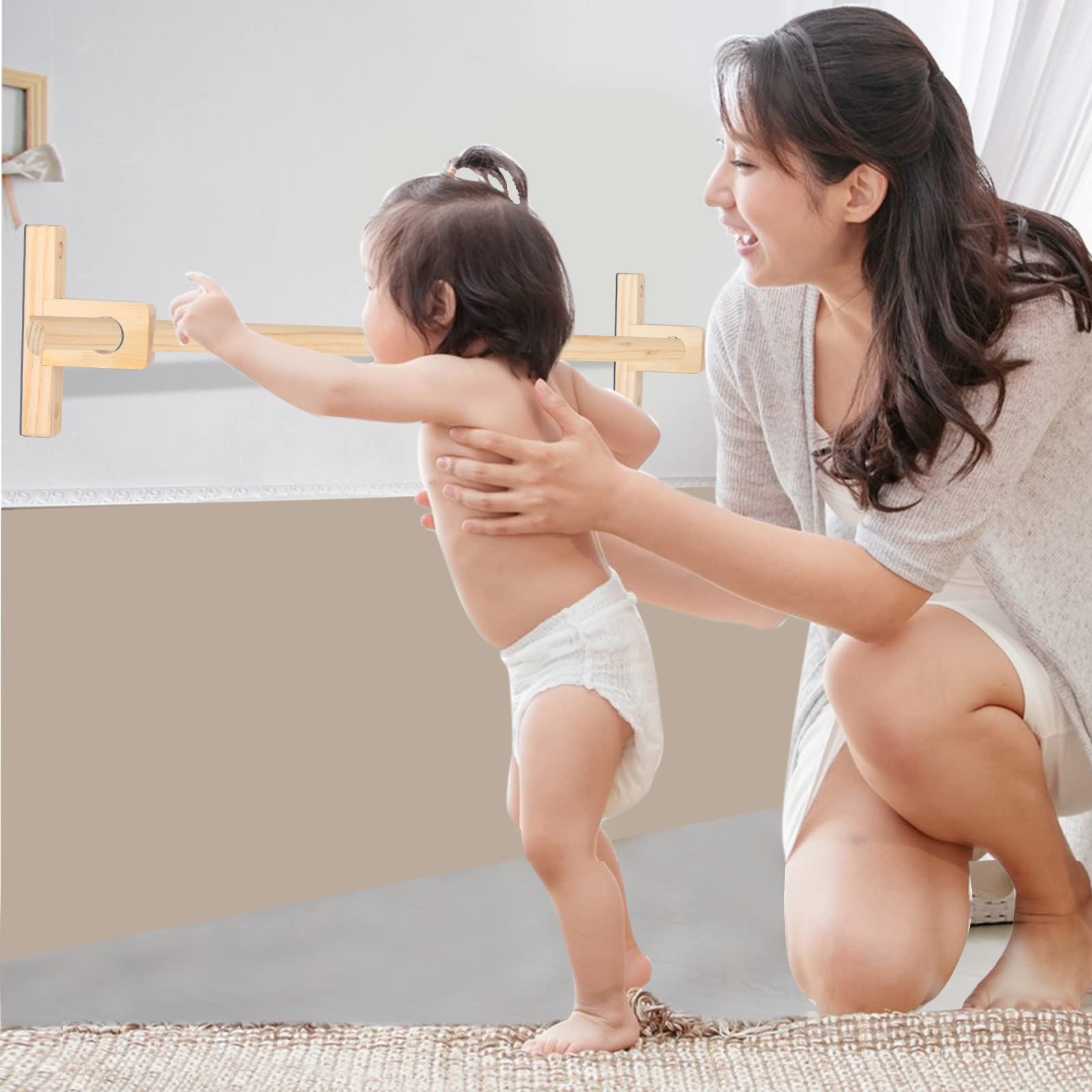 Montessori Pull Up Bar for Infants, 36 Inch Adjustable Wooden Baby Pull Up Bar is Suitable for Babies 6-18 Months