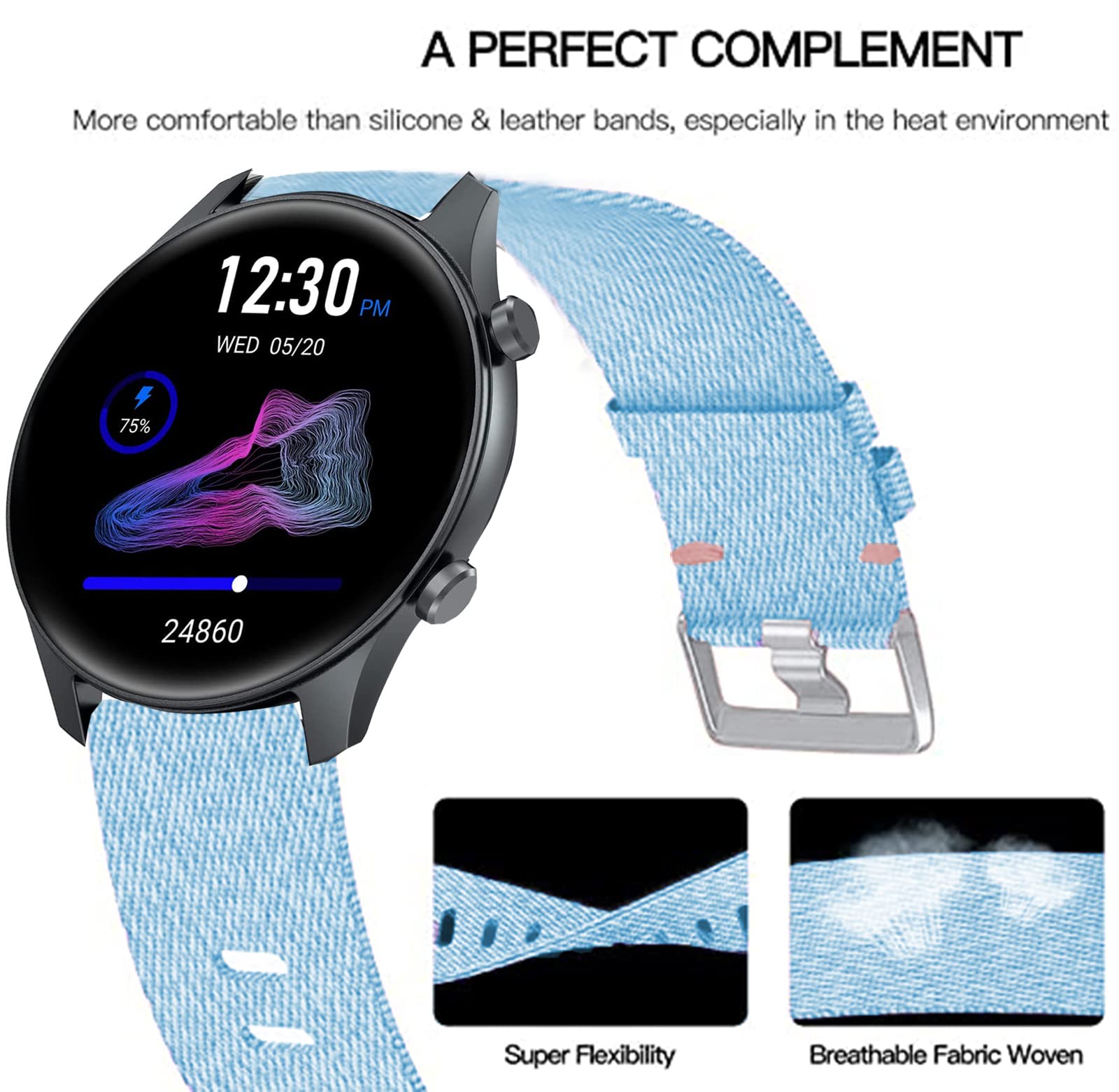 Lamshaw Compatible for TouchElex Venus Smartwatch Band, Breathable Nylon Woven Fabric Replacement Accessory Strap Compatible for TouchElex Venus 1.2" Smart Watch/Deeprio PASCUA Smart Watch (Blue)