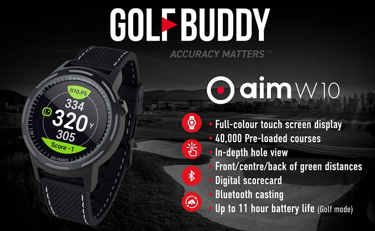 GOLFBUDDY Aim W10 GPS Watch, Advanced Smart Golf Watch, Full-Color Touch Screen, 40,000 Preloaded Courses, Red/White/Blue & Black Wristband