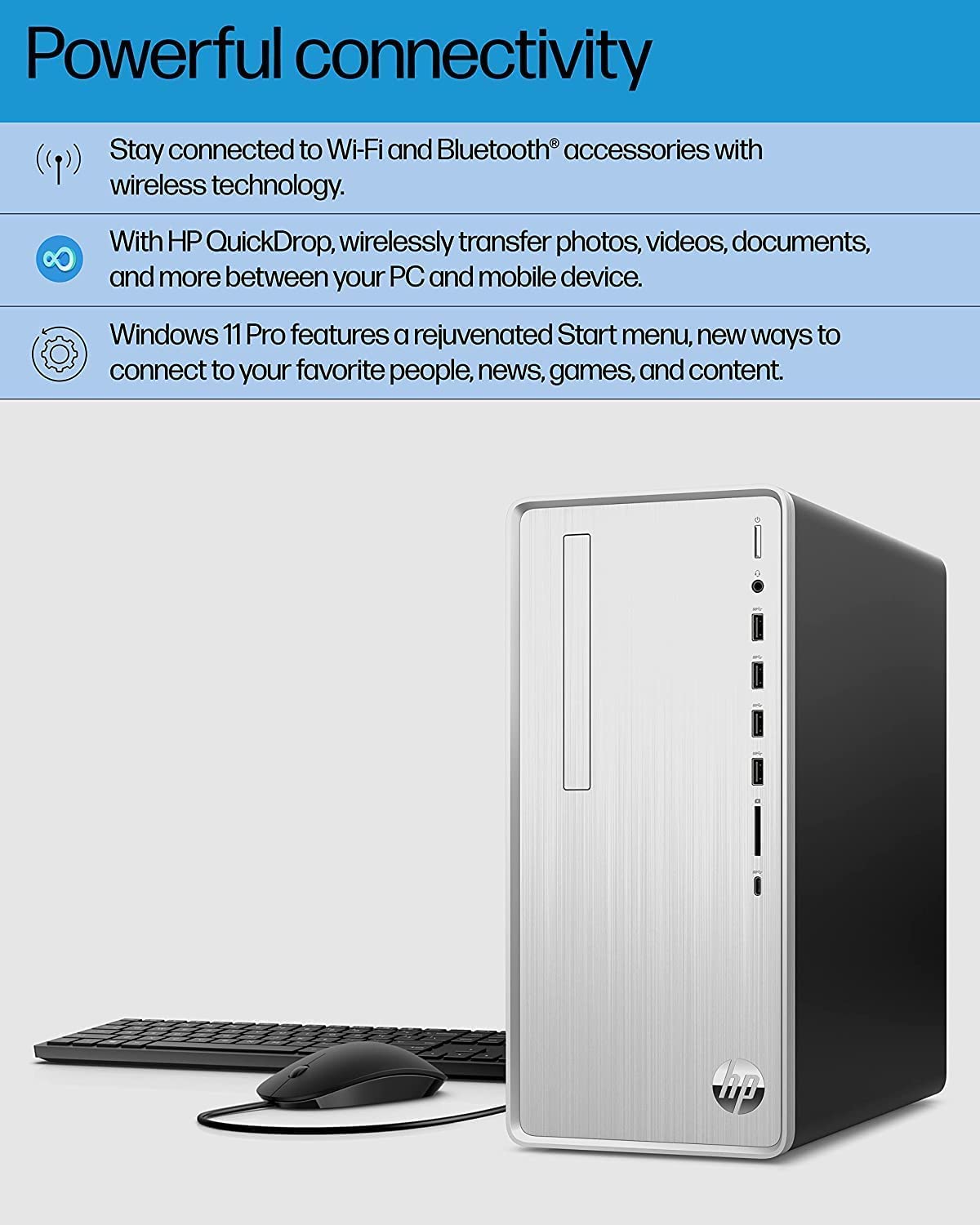 HP 2023 Newest Pavilion Desktop PC, AMD Ryzen 7 5700G (8 cores), 32GB RAM, 2TB SSD, 2TB HDD, AMD Radeon Graphics, Wi-Fi, Bluetooth, Keyboard and Mouse Combo, 9 USB Ports, Windows 11 Pro, Silver