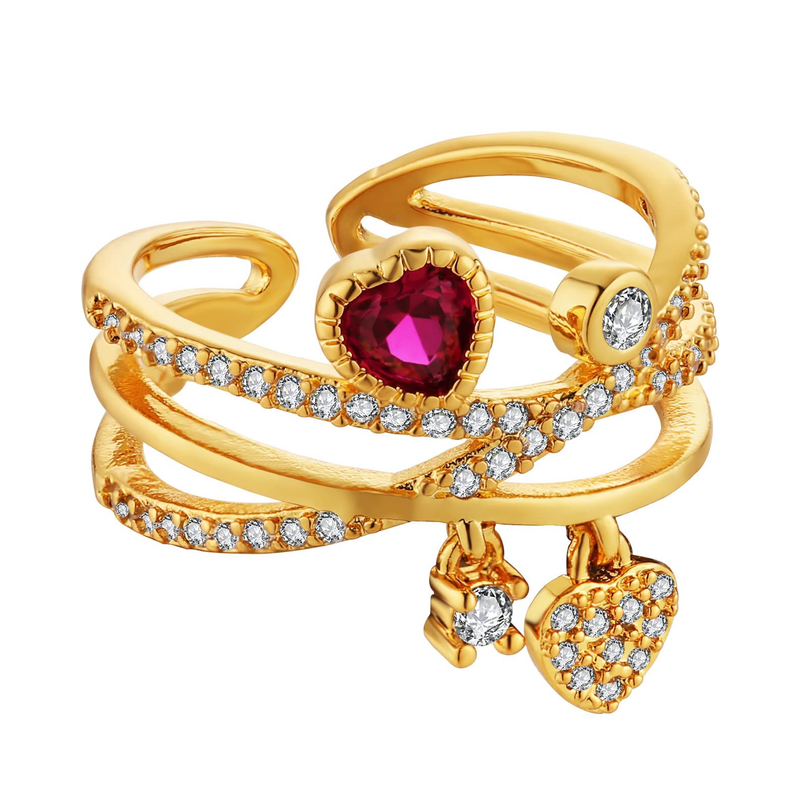 HZMAN Ladies 14K Gold Plated Ring Ladies Cubic Zirconia Heart Adjustable Stackable Wedding Engagement Ring Jewelry Gift