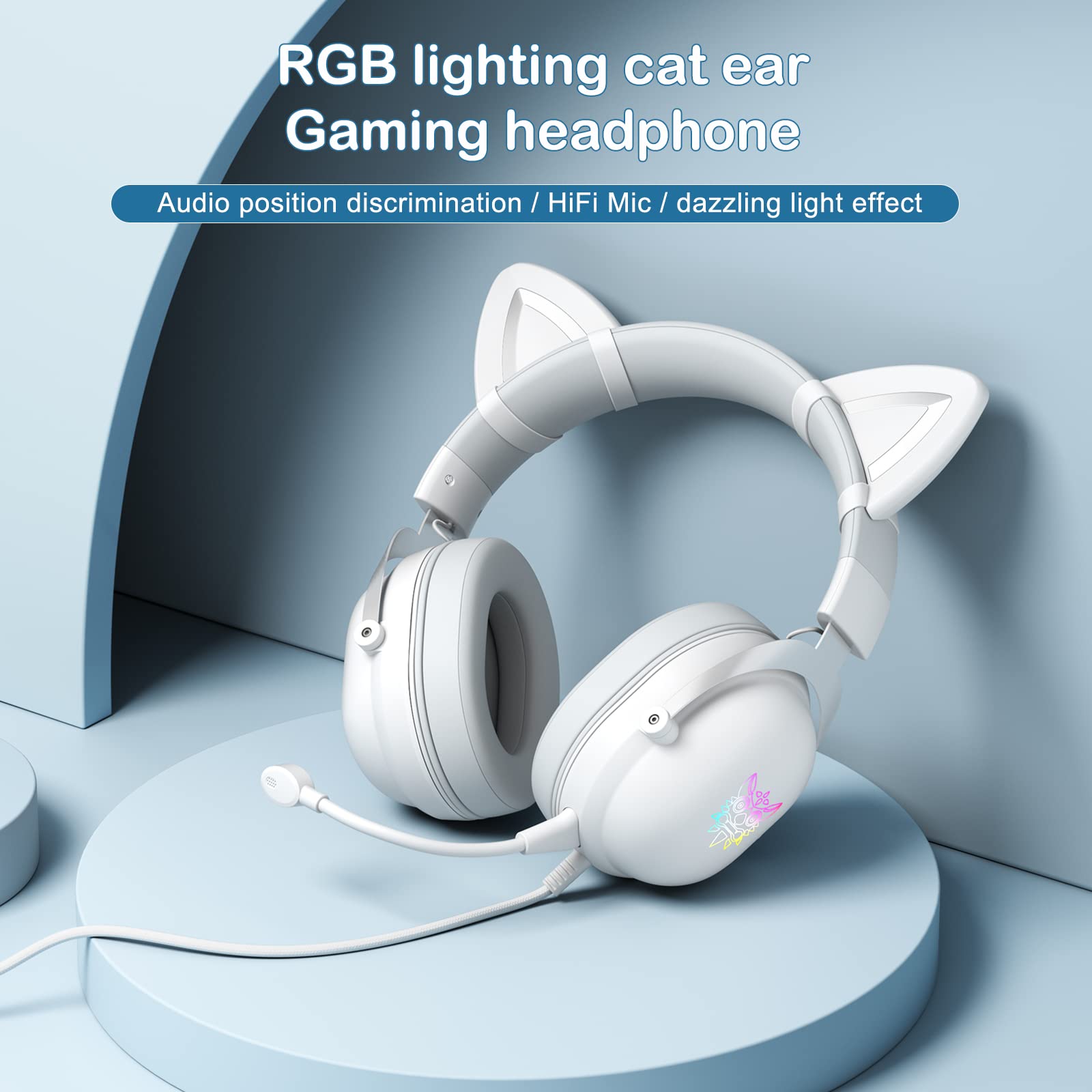 HOLULU Gaming Headset with Removable Cat Ears, Compatible with PC Mobile Phones Tablet, PS5 PS4 Xbox One(Adapter Not Included), with RGB Backlight, Removable Mic, 3.5mm & USB C Plug