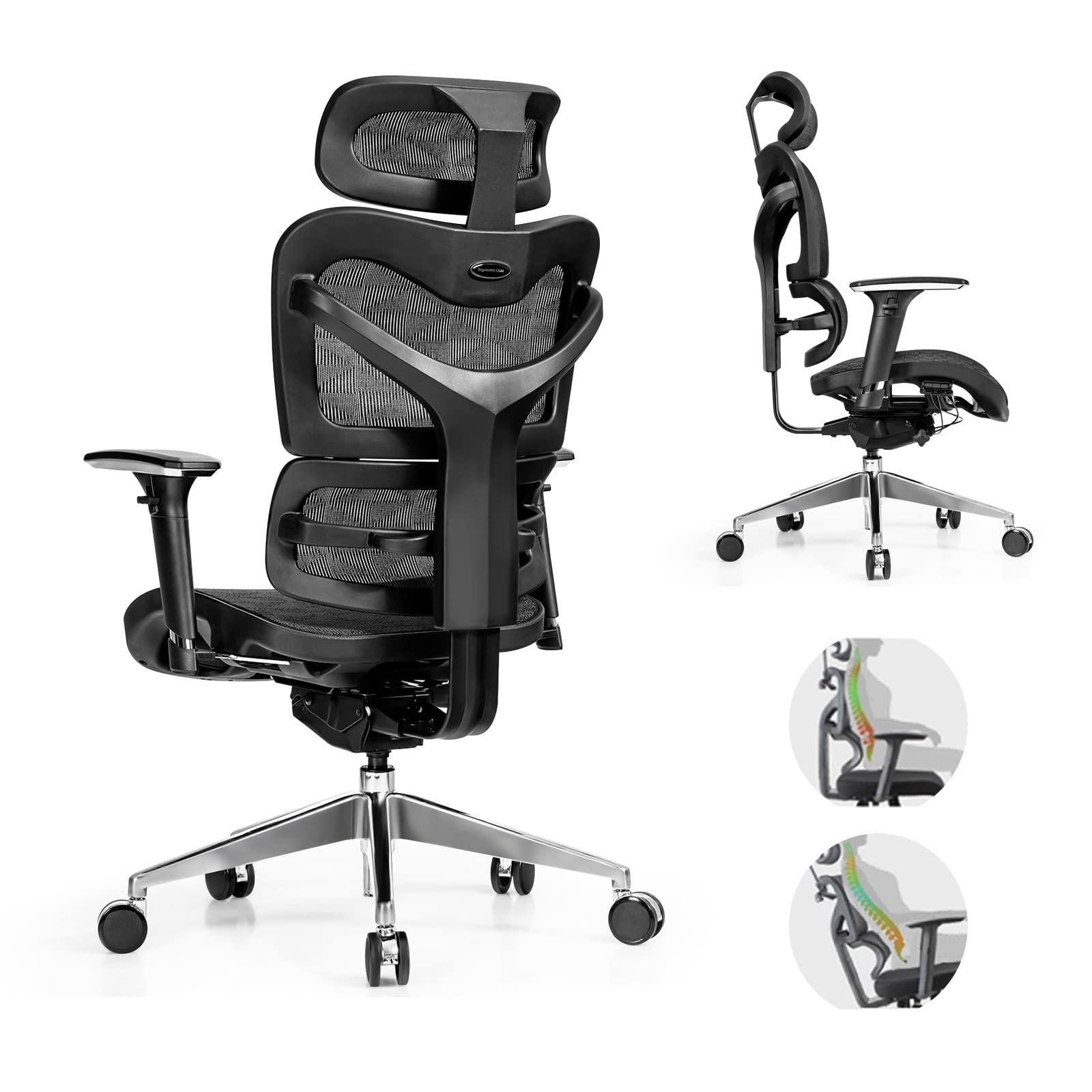 Giantex Ergonomic Office Chair, High Back Computer Chair w/Lumbar Support & 3D Armrests, Rolling Swivel Chair w/Adjustable Headrest & Tilt Function, Mesh Desk Chair for Home Office Executive Gaming