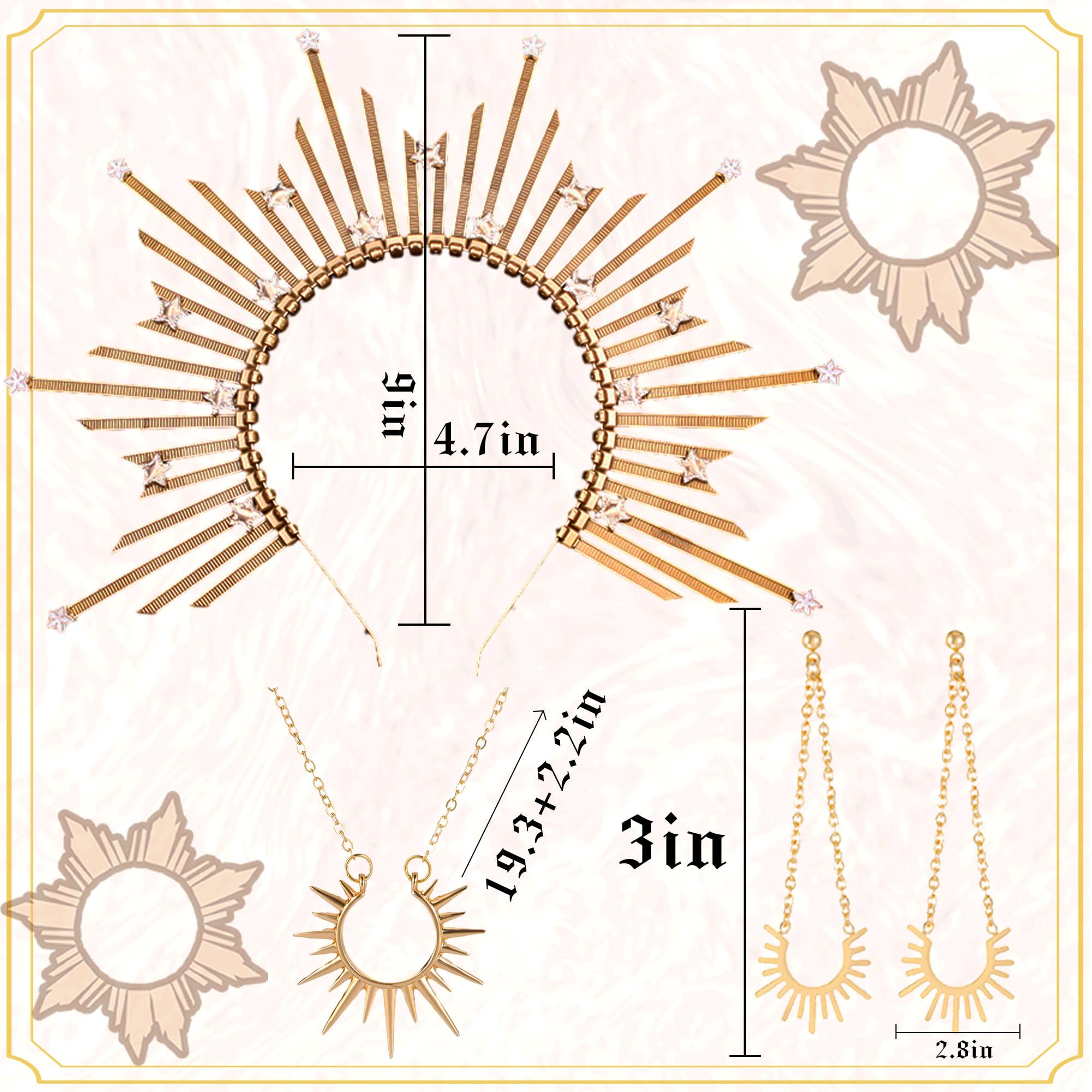 JeVenis 4 PCS Gold Halo Crown Baroque Headband Sun Goddess Tiara and Crown Sunburst Headband Cosplay Wedding Festival Headpiece