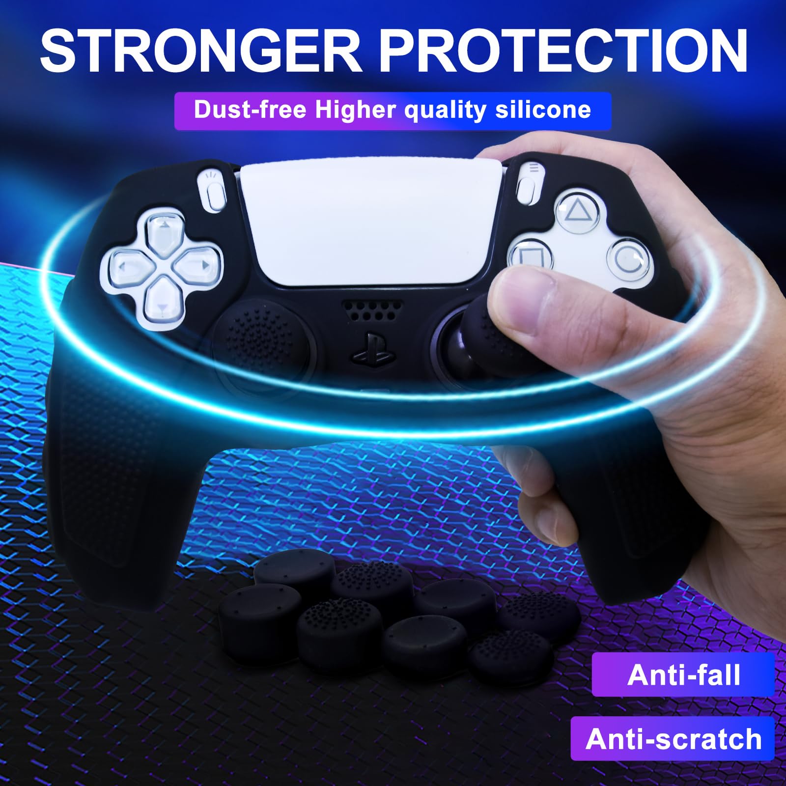 HLRAO Laser Engraved Dragon Silicone Case Skin Case (Radiation) for PS5 Controllers x 1 with Laser Dragon Thumb Grips x 2.