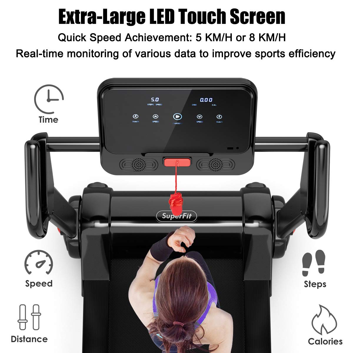 GYMAX Folding Treadmill, 2.25HP Electric Motorized Running Walking Machine with LED Touch Screen, Portable Cardio Workout Treadmill for Home Gym Office (Black)