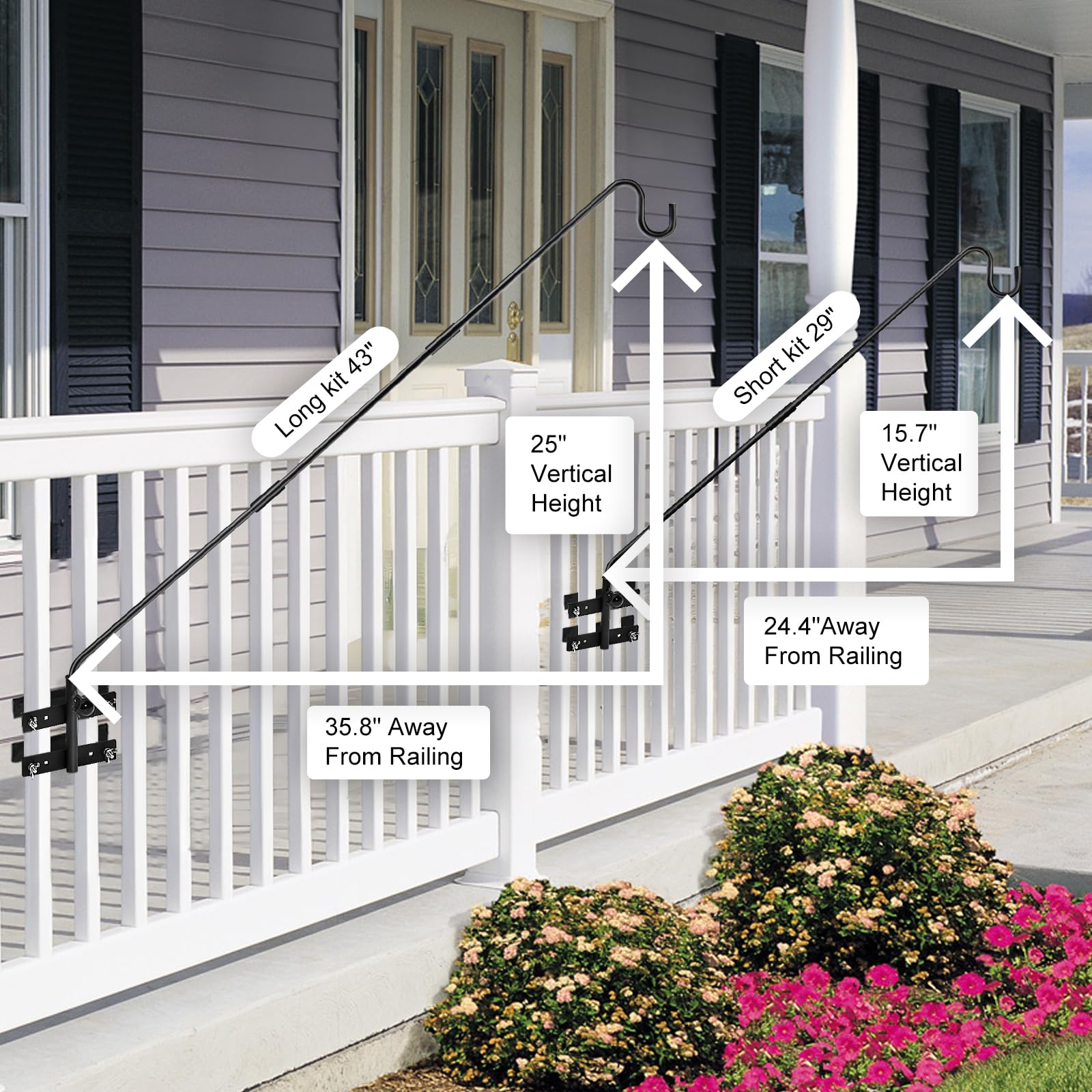IVOODi Heavy Duty Deck Hook-Deck Railing Plant Hanger, 29 to 43 Inch Extended Bird Feeder Hanger W/Double Clamps,Versatile Deck Shepherd Hook for Hanging Bird Feeders,Lanterns,Planters etc.