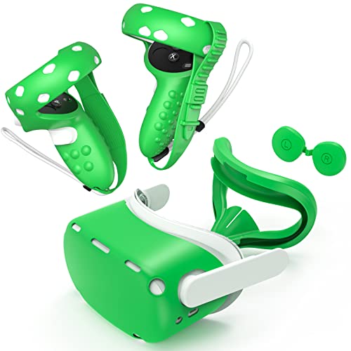 HUIUKE Touch Controller Grip Cover for Quest 2 with VR Shell Cover, Silicone VR Face Cover Pad and Lens Cover, 4 in 1 Silicone Cover Set for Quest 2 Accessories (Green)