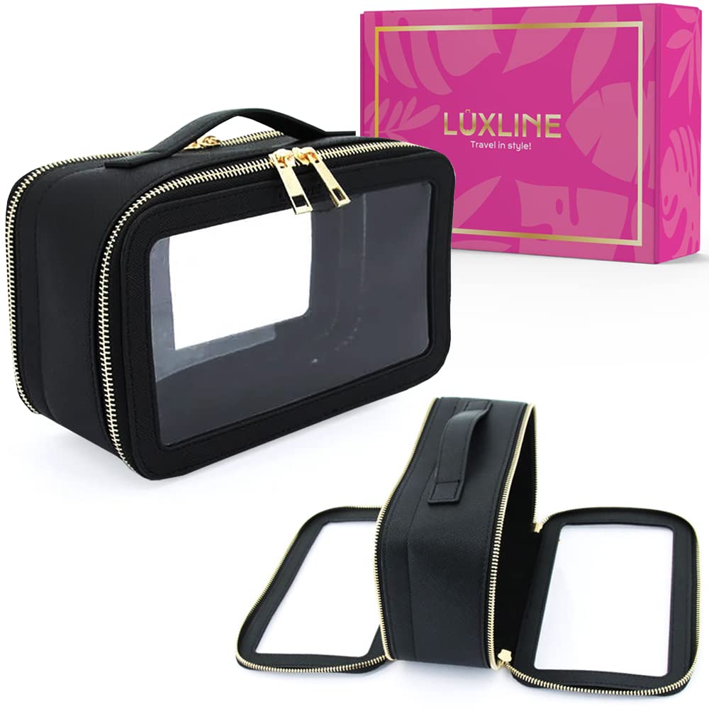 LUXLINE Clear Makeup Bag | TSA Approved Travel Toiletry Bag and Cosmetic Bag | Waterproof and Durable Makeup Case with Two Compartments, Black, KS-CB-20121001