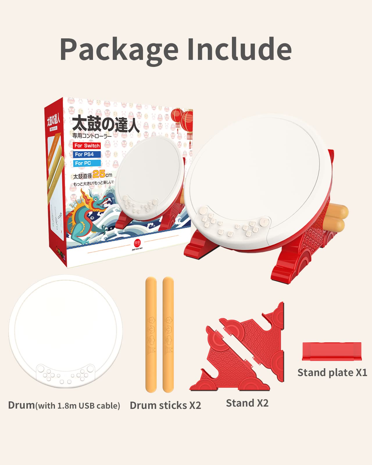 IINE Taiko Drum Controller for Nintendo Switch/PS4/PC,Bonus Two Drum Sticks,1.8m Wired Drum Controller for Taiko no Tatsujin Game Red