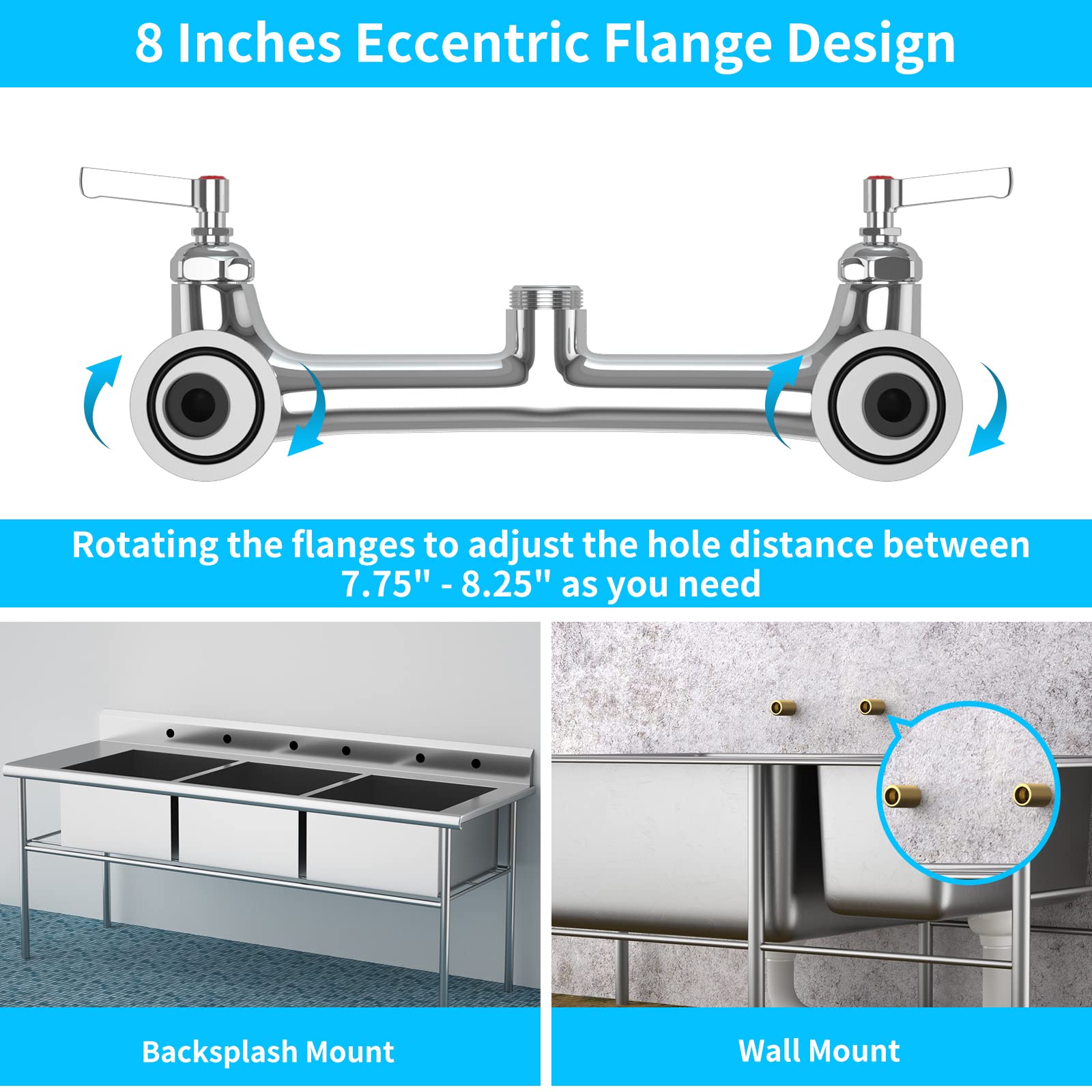 JZBRAIN Commercial Faucet with Sprayer, 36'' Height 8 Inch Center Brass Constructed Wall Mount Kitchen Sink Faucet with Pull Down Pre-Rinse Sprayer and 12" Swing Spout Fit for 2/3 Compartment Sink