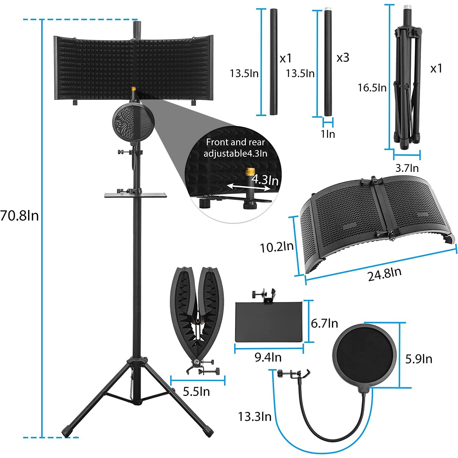 ITHWIU Microphone Isolation Shield with Stand [Curved Panel], Foldable Mic Shield with Triple Sound Insulation, Studio Mic Sound Absorbing Foam Reflector for Sound Recording, Podcasts