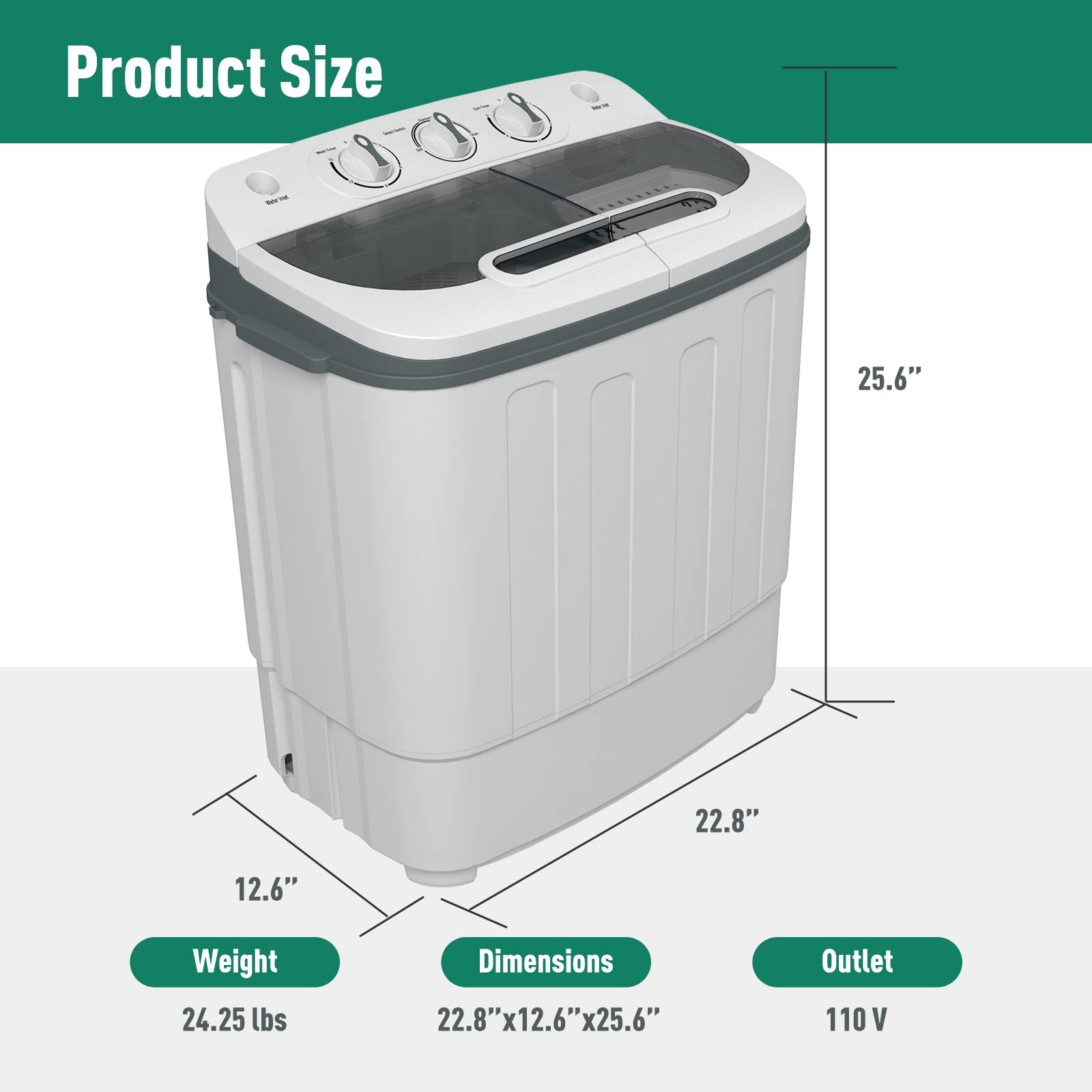 HIGOSPRO Portable Mini Washing Machine, 17 Lbs Capacity Washer and Spinner Combo, 2 in 1 Compact Twin Tub Laundry, Washer& Spinnerwith Built-in Gravity Drain Pump, Ideal for Apartmen, Dorms