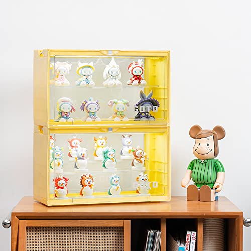 GOTO LED Lighting Display Storage Case, Dustproof Protection Display Box, Show Case for Action Figures, Pop Mart, Bearbrick Toys, Collectibles, Toys (1 Box with 3 Partitions and 1 Adapter, Yellow)