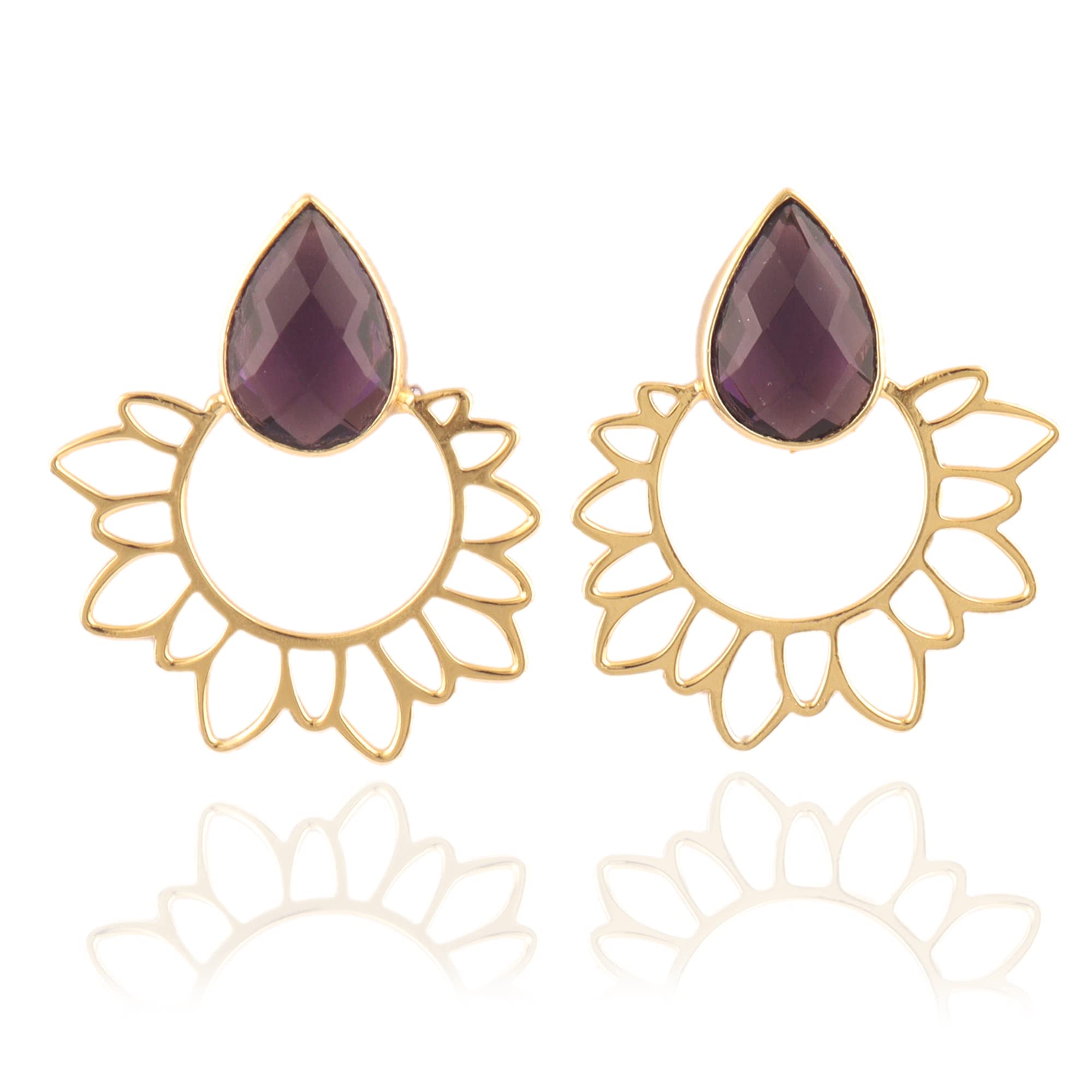 Guntaas Gems Checker Cut Purple Amethyst Quartz Brass Gold Plated Designer Flower Shape Hoop Bali Earrings Mother Day Gift