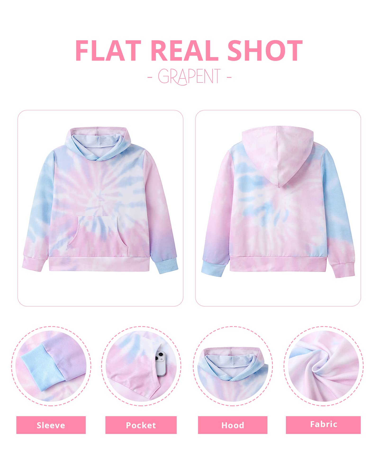 GRAPENT Casual Tie Dye Print Active Hoodie Long Sleeve Sweatshirts Pockets Pullover Tops Size X-Large 10-11