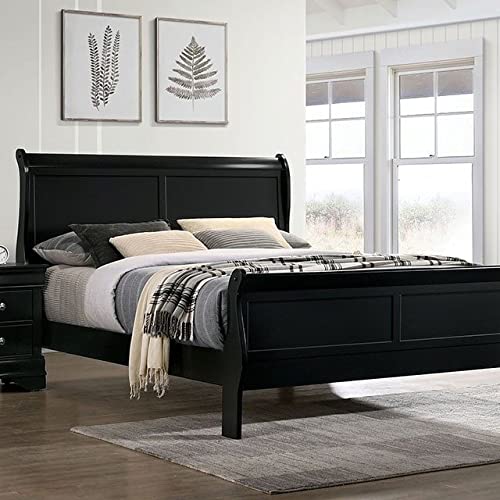 GOUBISOB California King Size Solid Wood Bed Frame with headboard, Louis Phillipe Style Traditional Classic Sleigh Shape Bed Frame, Box Spring Required (Black, California King)