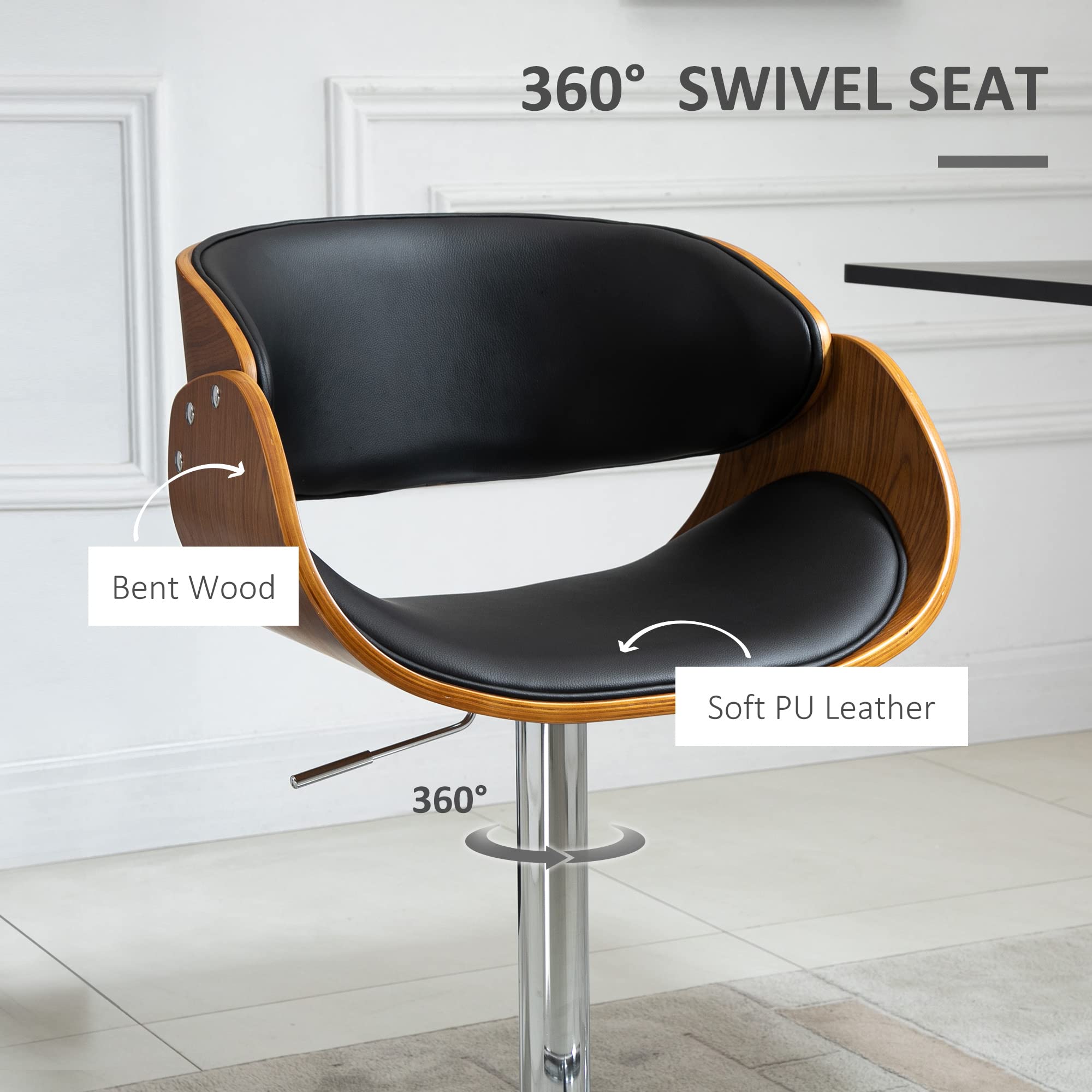HOMCOM Modern Adjustable Bar Stool, Bentwood Bar Chair, PU Leather Swivel Barstool with Back, Footrest, Black and Walnut
