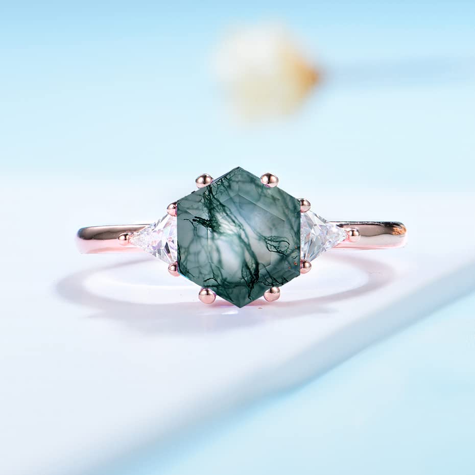 ITI KUOLOLIT 1.5ct Natural Moss Agate Ring Sterling Silver Hexagon Shaped Engagement Ring Green Agate Promise Wedding Rings for Women (Moss agate-White, 7)