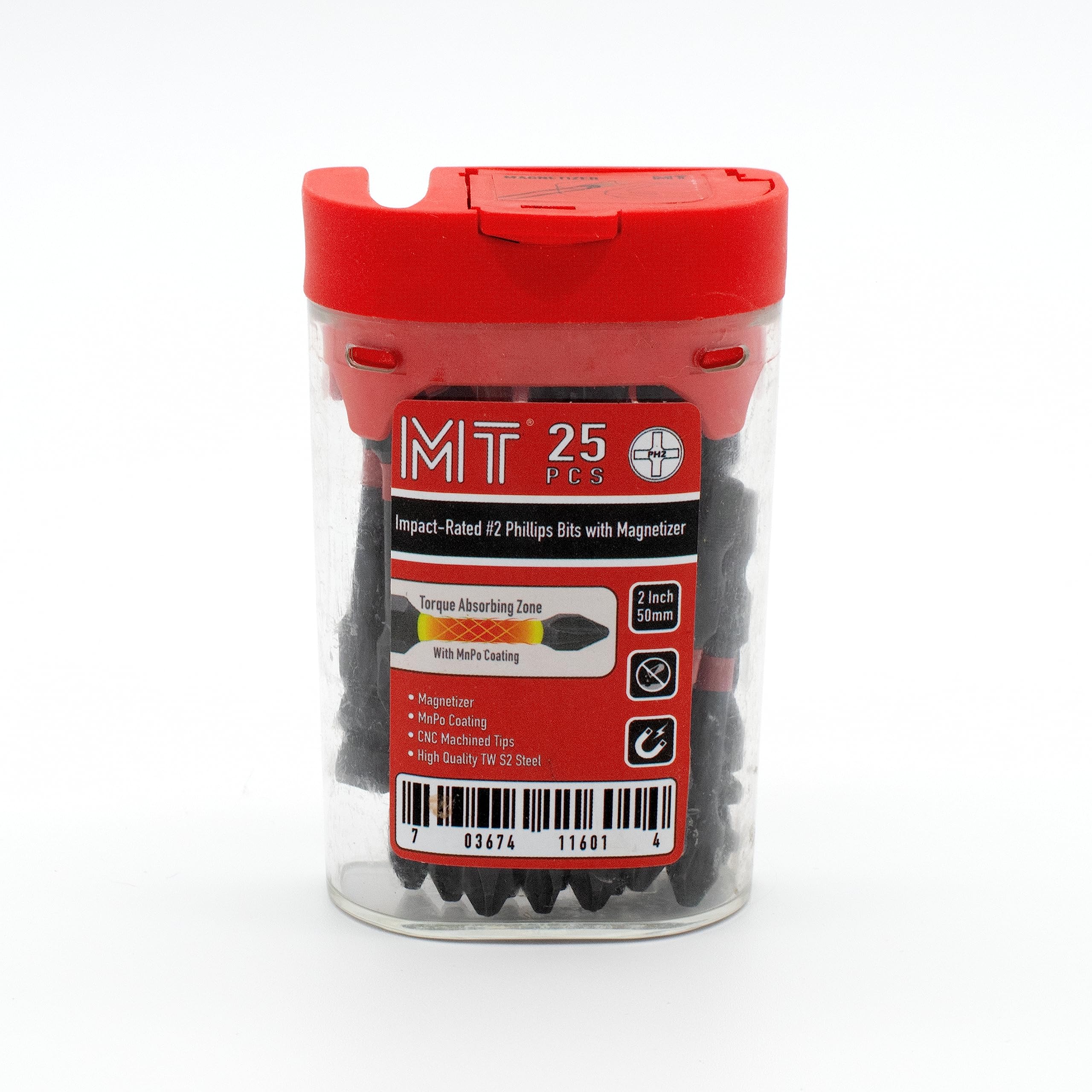 Impact-Rated #2 Phillips Bits 25 pcs Set 2 inch (50mm) Long - Strongly Magnetized for Non-Slip, Tough Taiwan S2 Steel, Manganese Anti-Rust Coating, Includes Rigid Case with Magnetizer