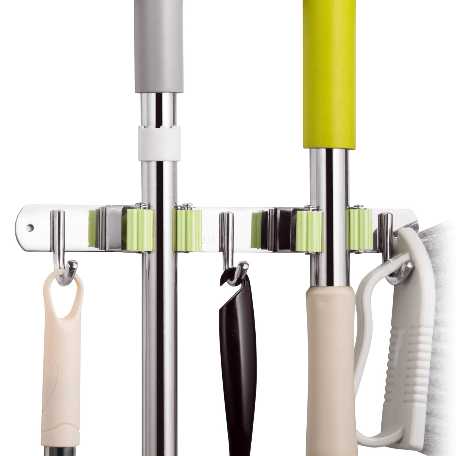 Gein Mop and Broom Holder Wall Mount, Stainless Steel Tools Storage Rack for Home, Kitchen, Garden, Garage [2 Racks with 3 Hooks]