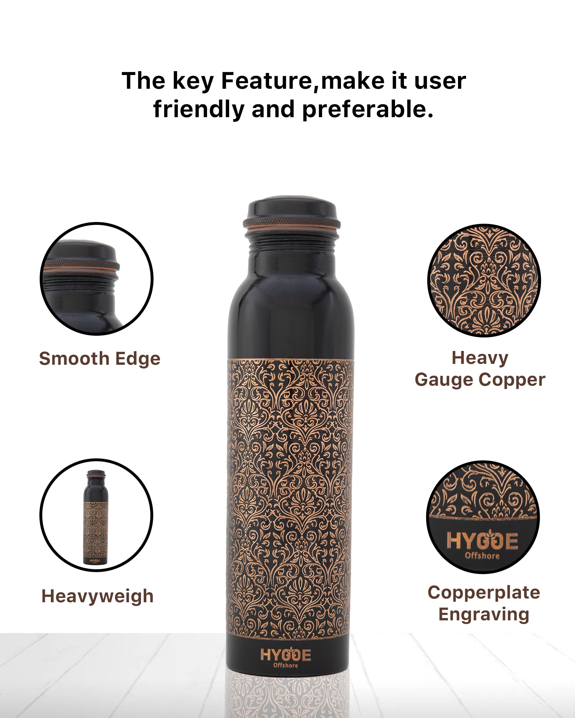 HYGGE Copper Water Bottle - 34 Oz Extra Large - A Antique Engraved Ayurvedic Pure Copper Vessel For Drinking - Drink More Water, Lower Your Sugar Intake And Enjoy The Health Benefits Immediately
