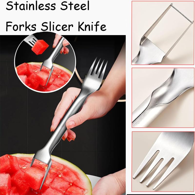 Lmuwecno 2-in-1 Stainless Steel Fruit Cutter, Watermelon Slicer Cutter, Watermelon Fork Slicer Cutter Slicer Tool, Dual Head Fruit Forks Slicer Knife for Home Kitchen Gadget, Silver